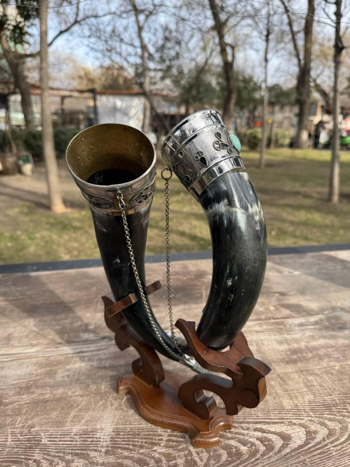 Personalized Viking Drinking Horn Set: Cow Horn Mugs With Wooden Stand ...