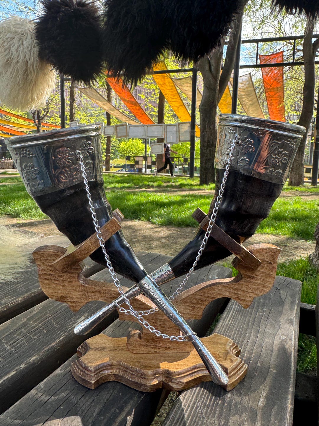 Viking Drinking Horn Set: Cow Horn Mugs With Wooden Stand - Etsy