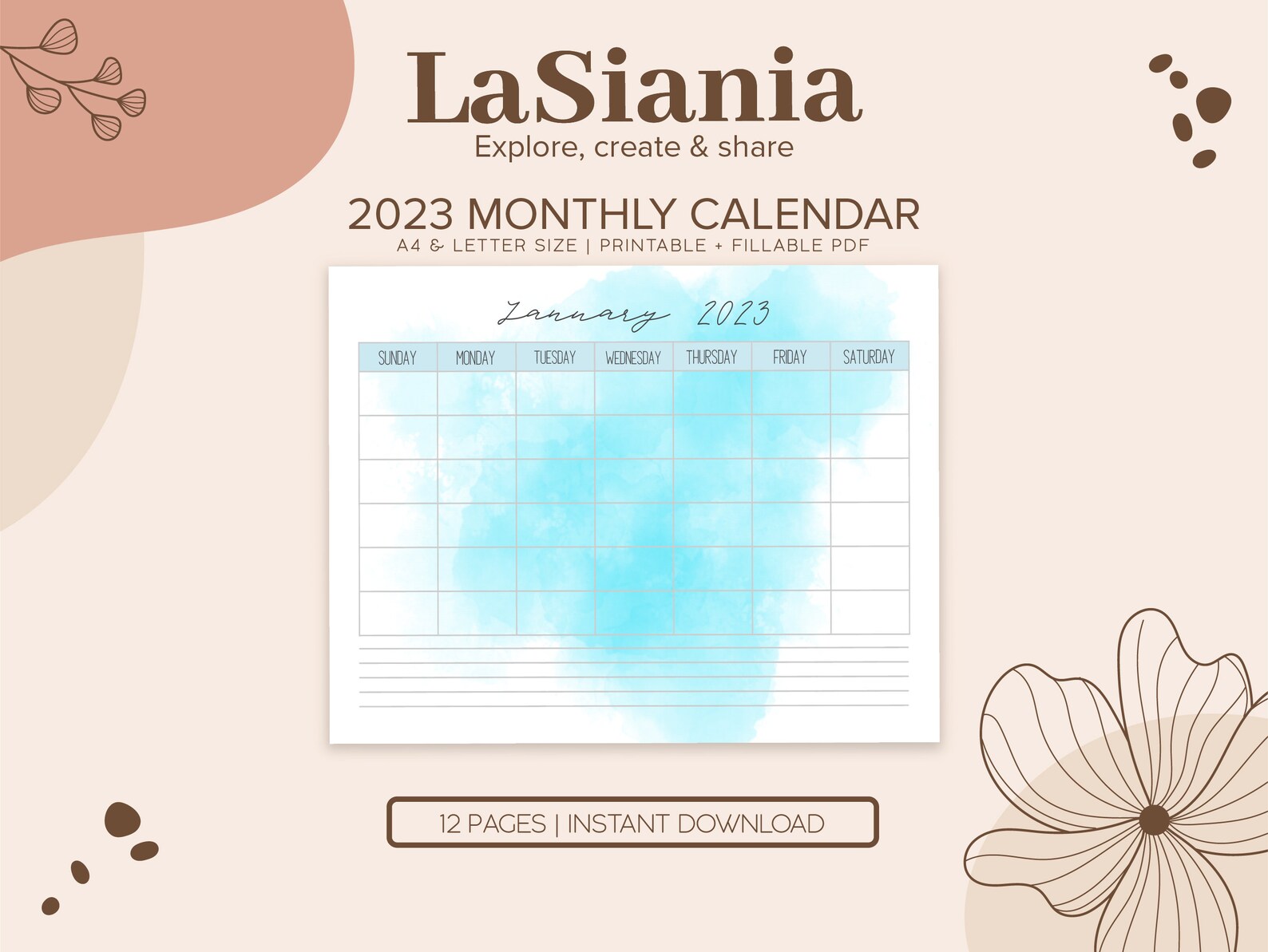 2023 2024 Calendar Printable Monthly Calendar: Blue Smokey Pastel ...