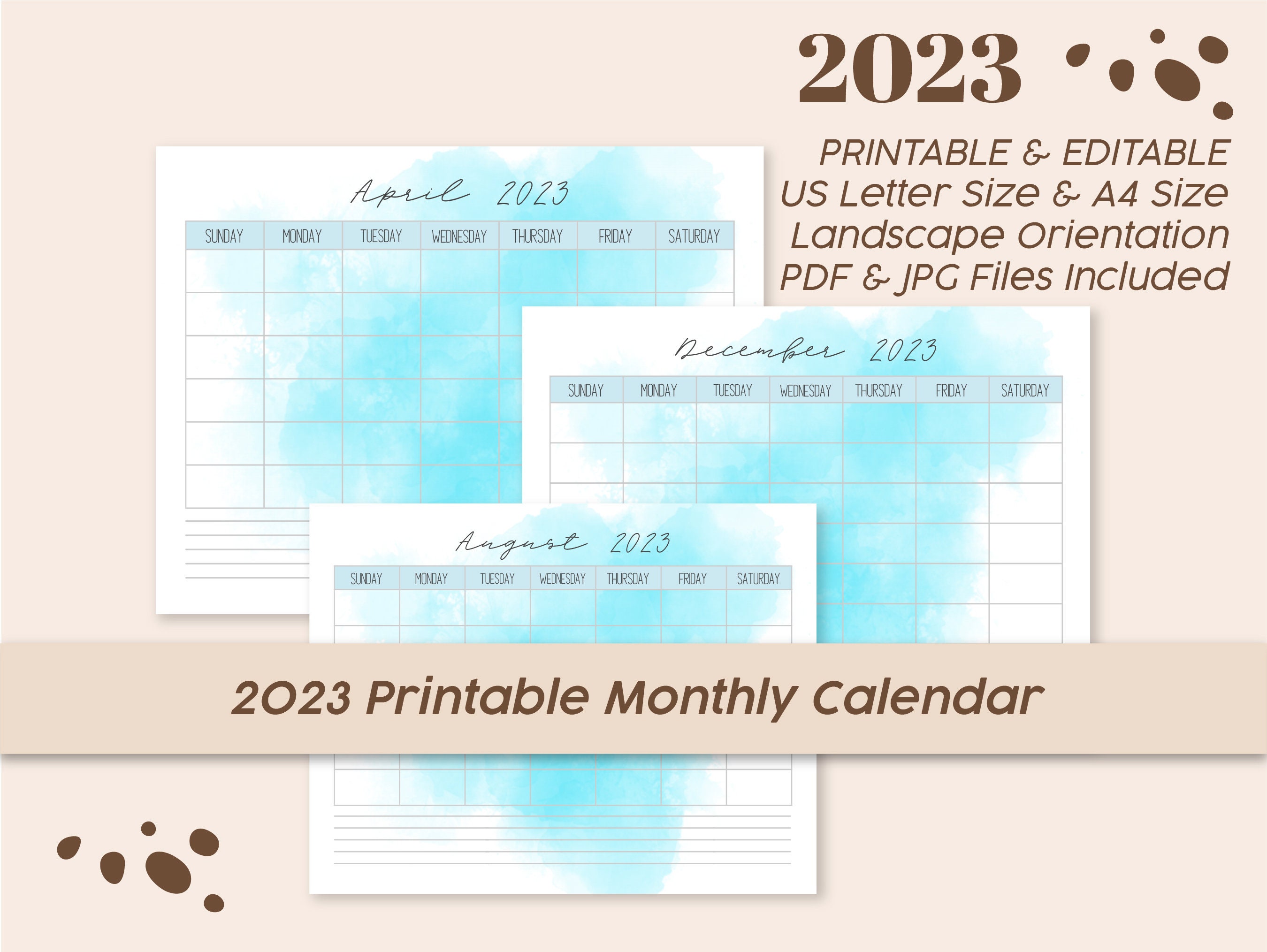2023 2024 Calendar Printable Monthly Calendar: Blue Smokey Pastel ...