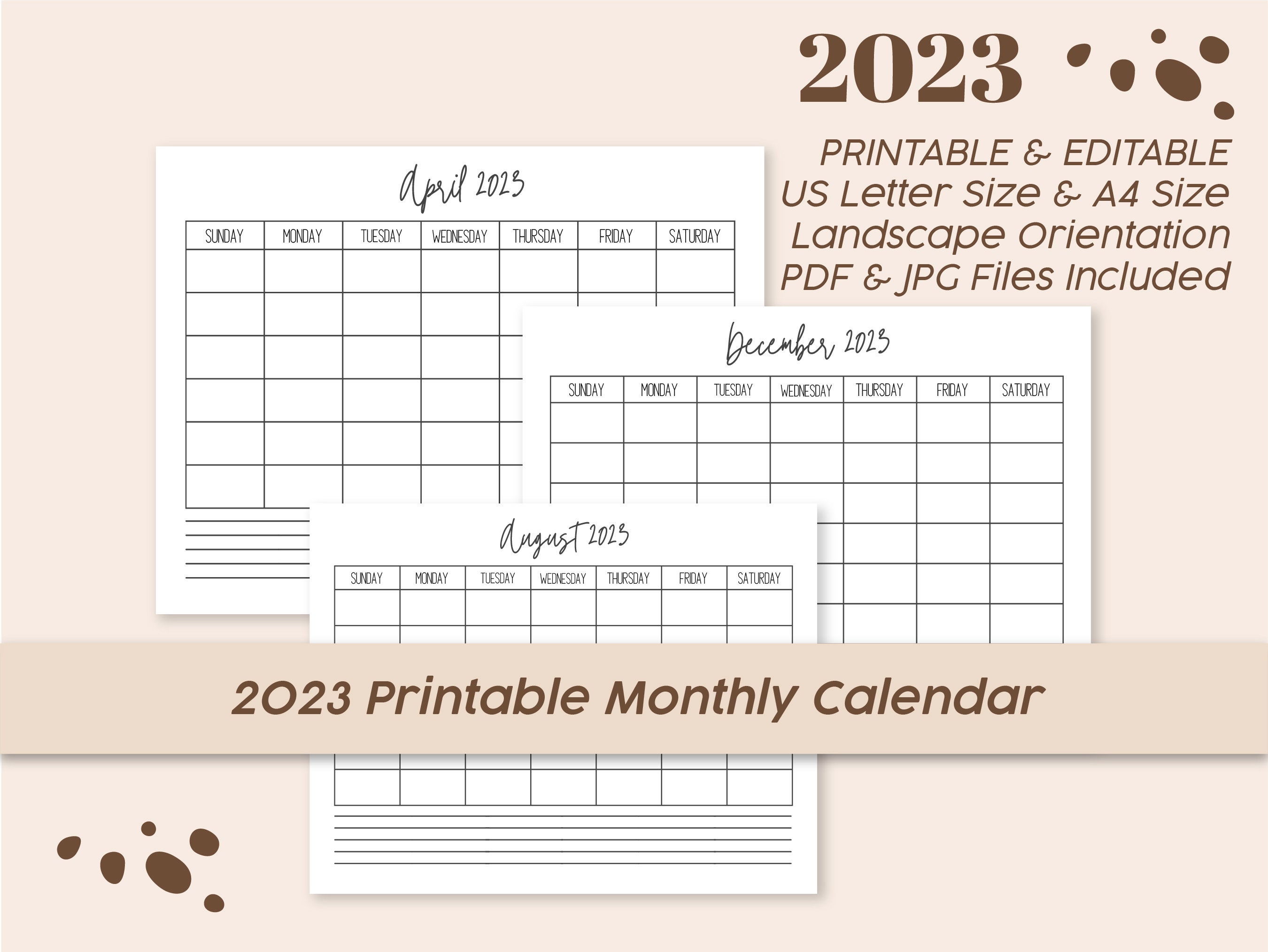2023 2024 Calendar Printable Monthly Calendar: Twister Font Elegant ...