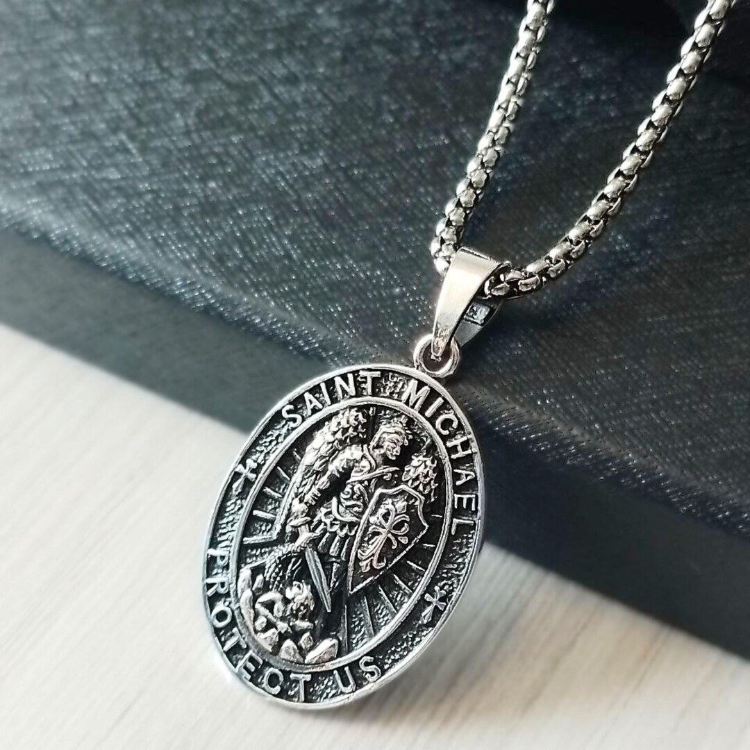 Saint Michael Protect Us Archangel Embossment 3D Oval Shaped Pendant ...