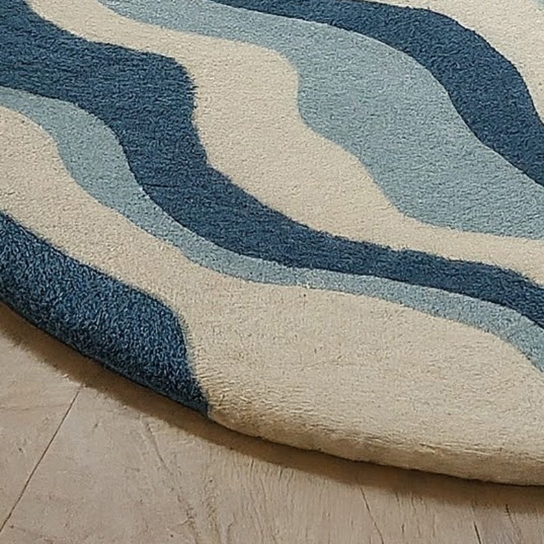 100% Wool Rug Handcrafted Tufted Sea Wave Pattern, Elegant Wool Rug for ...