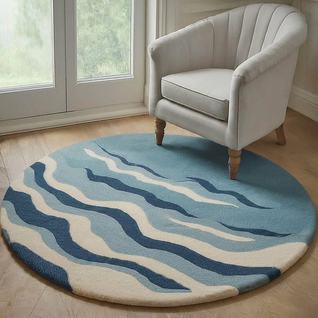 100% Wool Rug Handcrafted Tufted Sea Wave Pattern, Elegant Wool Rug for ...