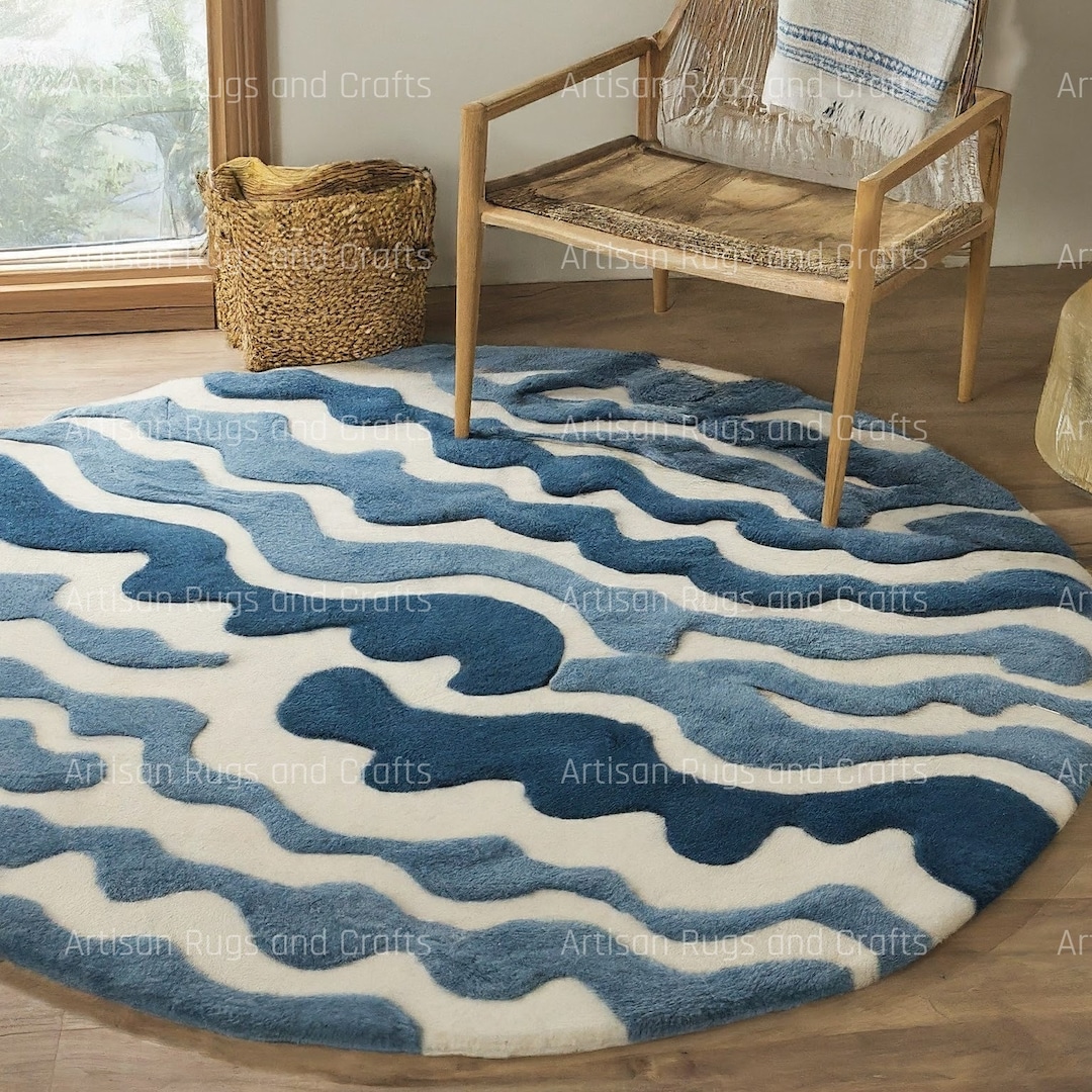 Hand-tufted Wool Rug: Blue Sea Wave Design, Beach House Decor - Etsy