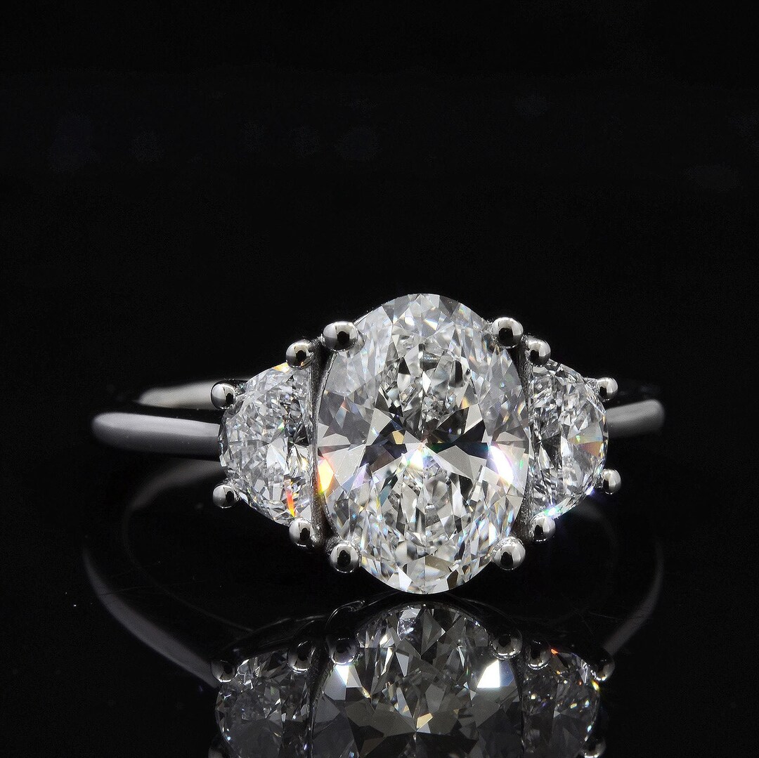 2.50 Ct. 3 Stone Oval Engagement Ring With Half Moons F Color VS1 IGI ...