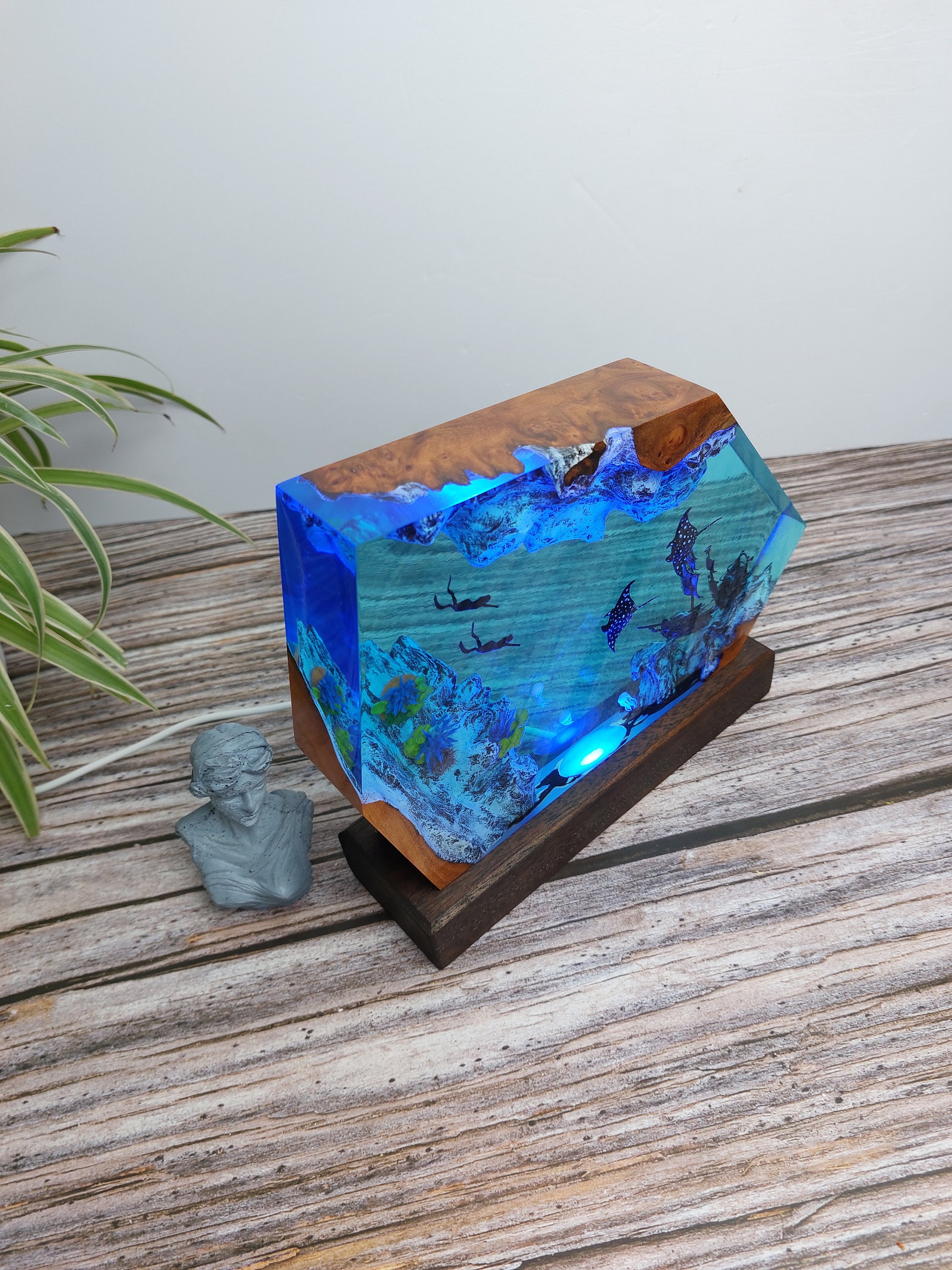 Decorative Epoxy Resin Wood Lamp Crystal Ray and Divers Reef - Etsy