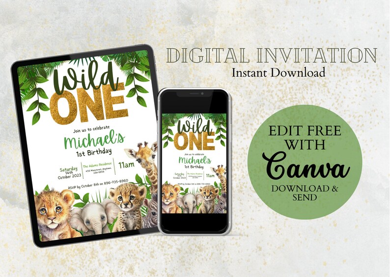 EDITABLE Safari Birthday Invitation Wild One 1st Birthday Invite ...