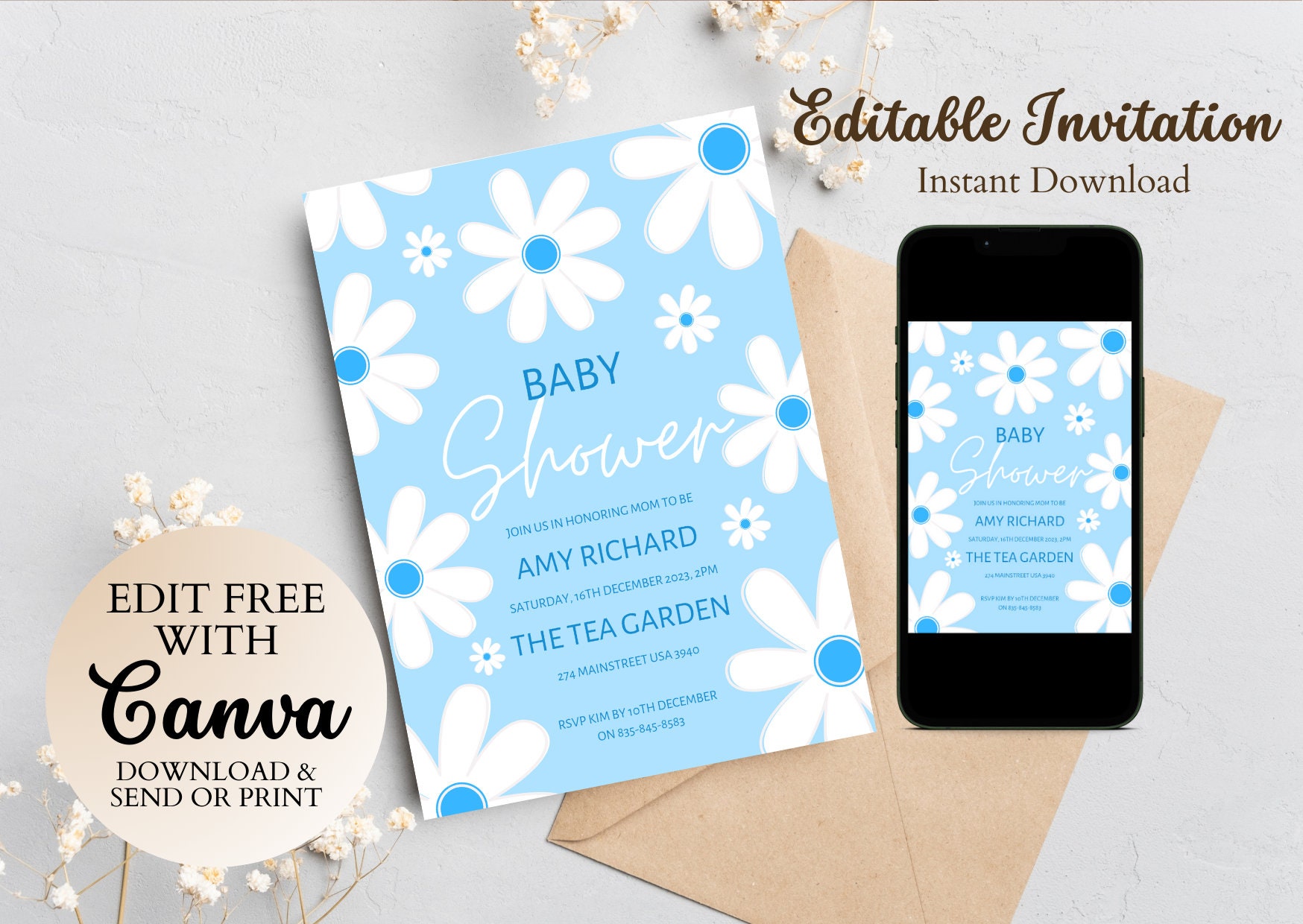Blue Baby Shower Invitation, Flower Baby Shower Invite, Baby Shower ...