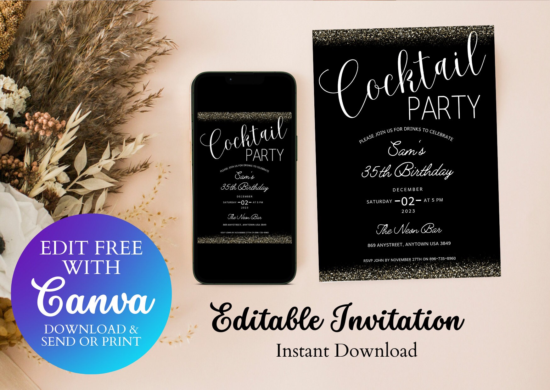 Cocktail Party Invitation Template, Printable Drinks Invite, Editable ...