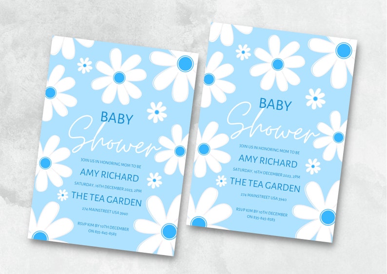 Blue Baby Shower Invitation, Flower Baby Shower Invite, Baby Shower ...