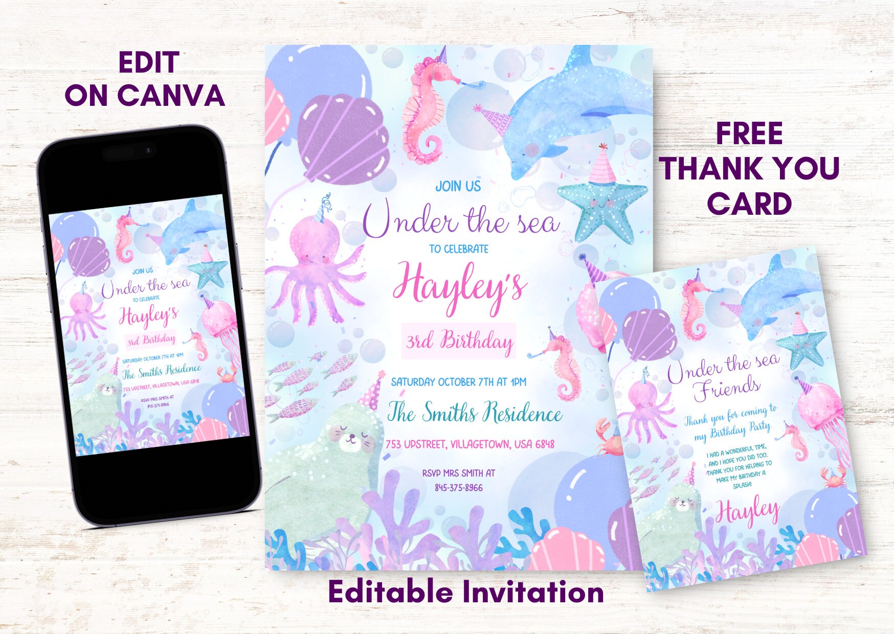 Editable Electronic Under the Sea Birthday Invitation, Editable Sea ...
