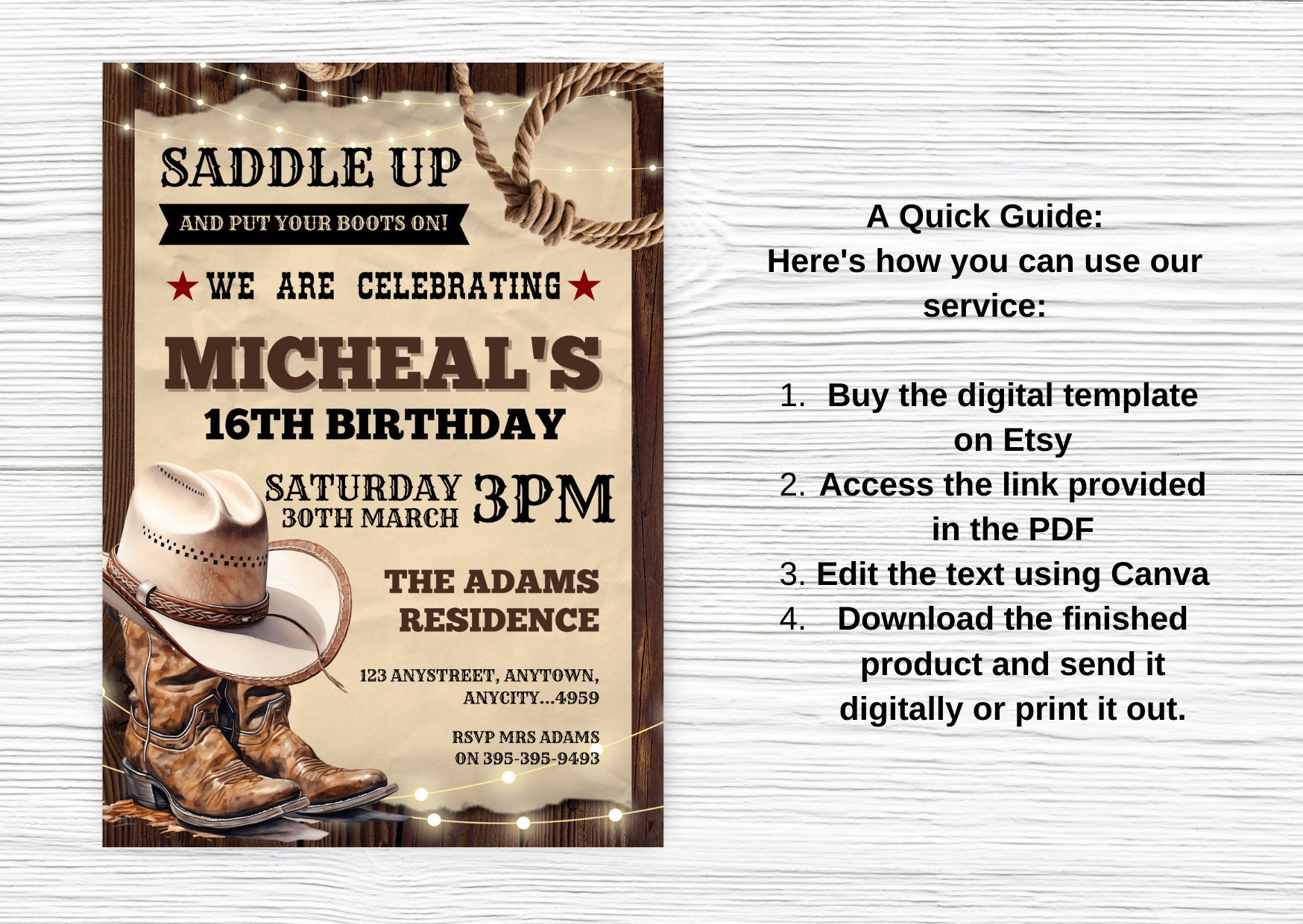 Editable Country Western Invitation Cowboy Birthday Invite Rustic Wood ...