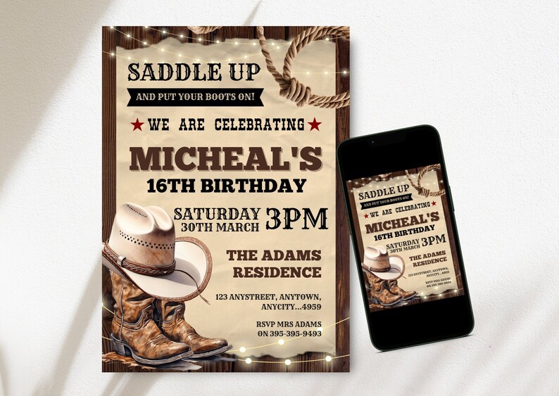Editable Country Western Invitation Cowboy Birthday Invite Rustic Wood ...