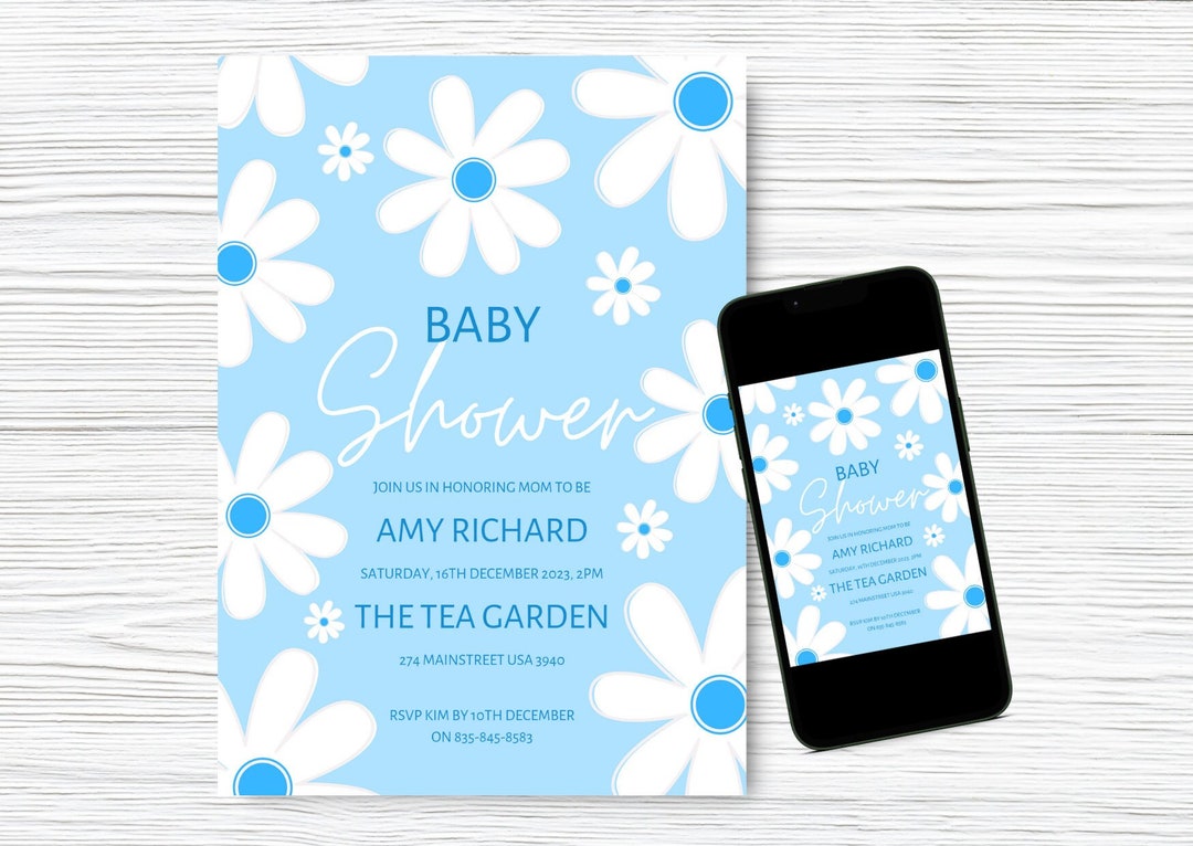 Blue Baby Shower Invitation, Flower Baby Shower Invite, Baby Shower ...