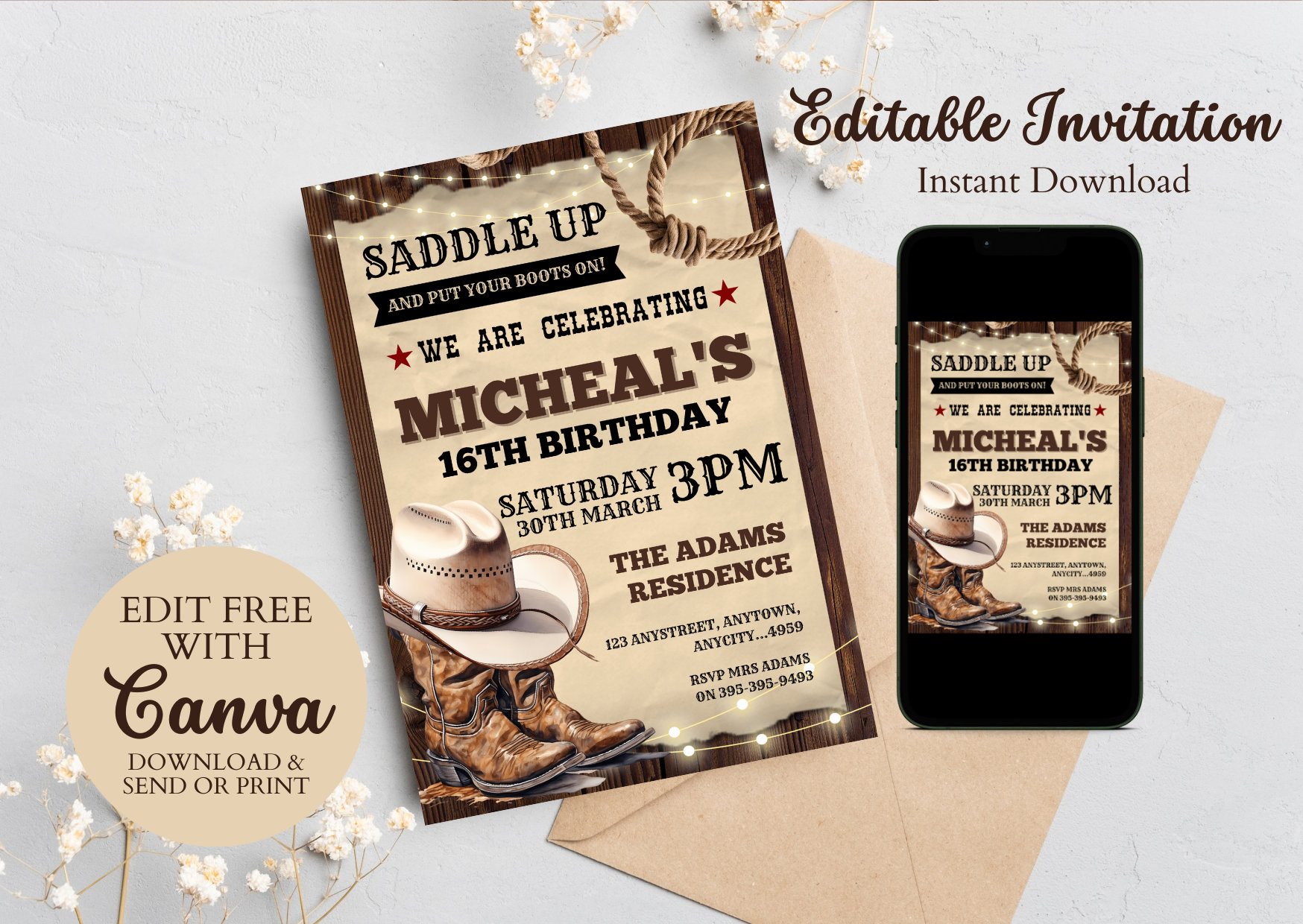 Editable Country Western Invitation Cowboy Birthday Invite Rustic Wood ...