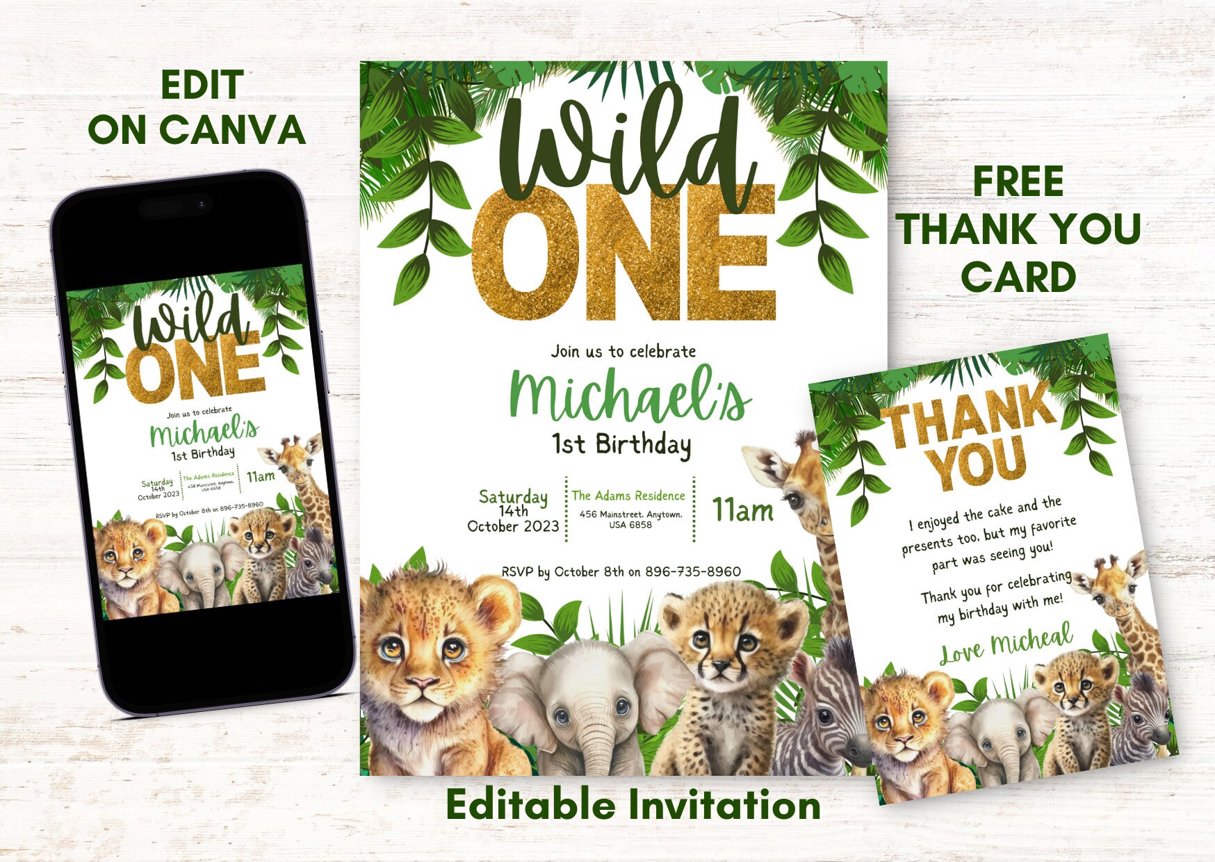 EDITABLE Safari Birthday Invitation Wild One 1st Birthday - Etsy