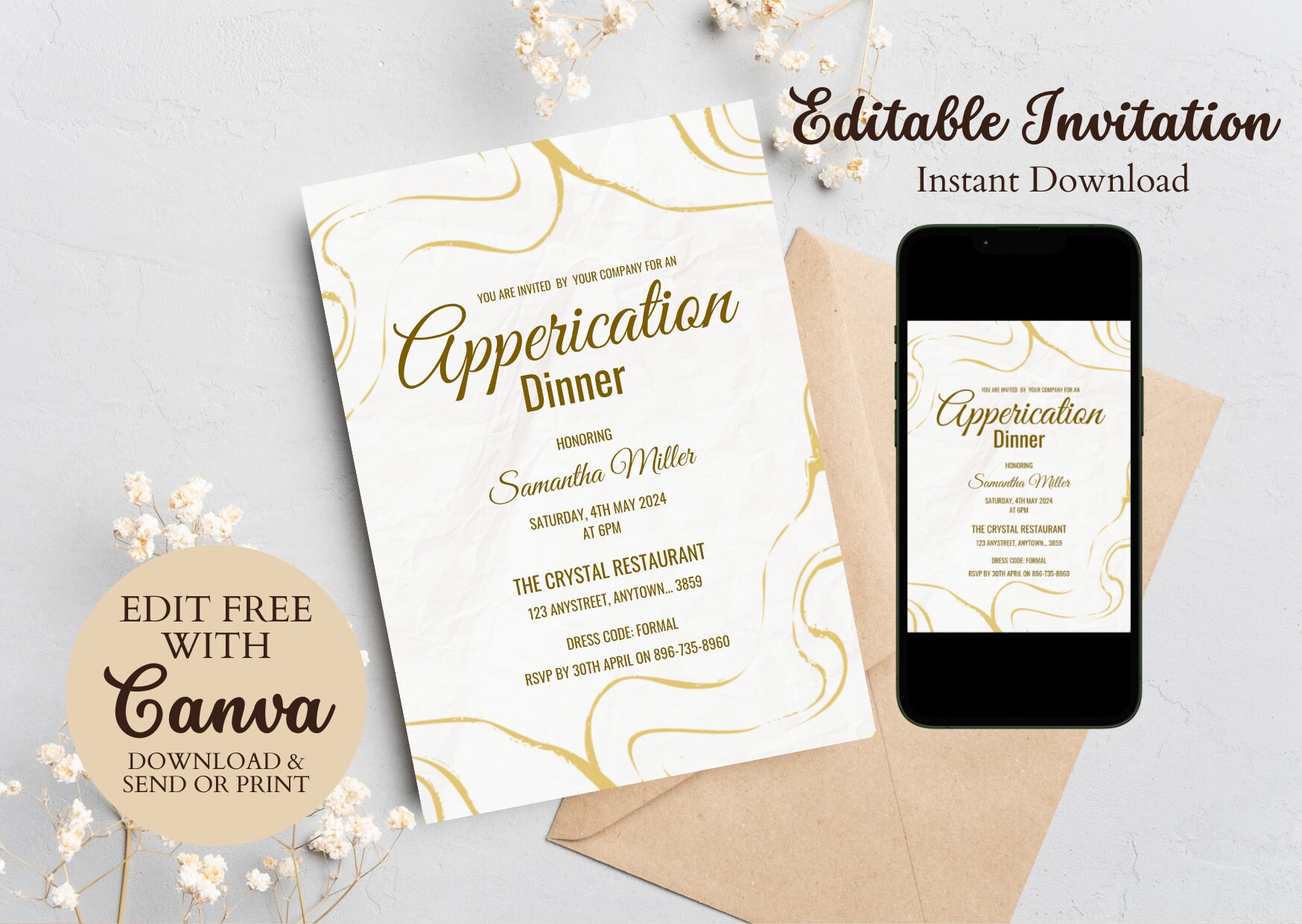 Company Appreciation Dinner Invitation: Gold Marble Design (digital ...