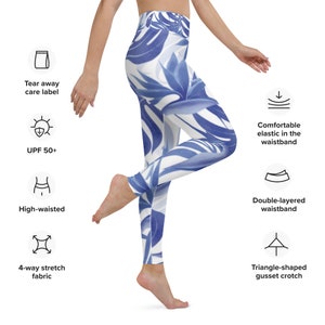 Blue White Leggings, High Waisted Patterned Leggings, Botanical ...