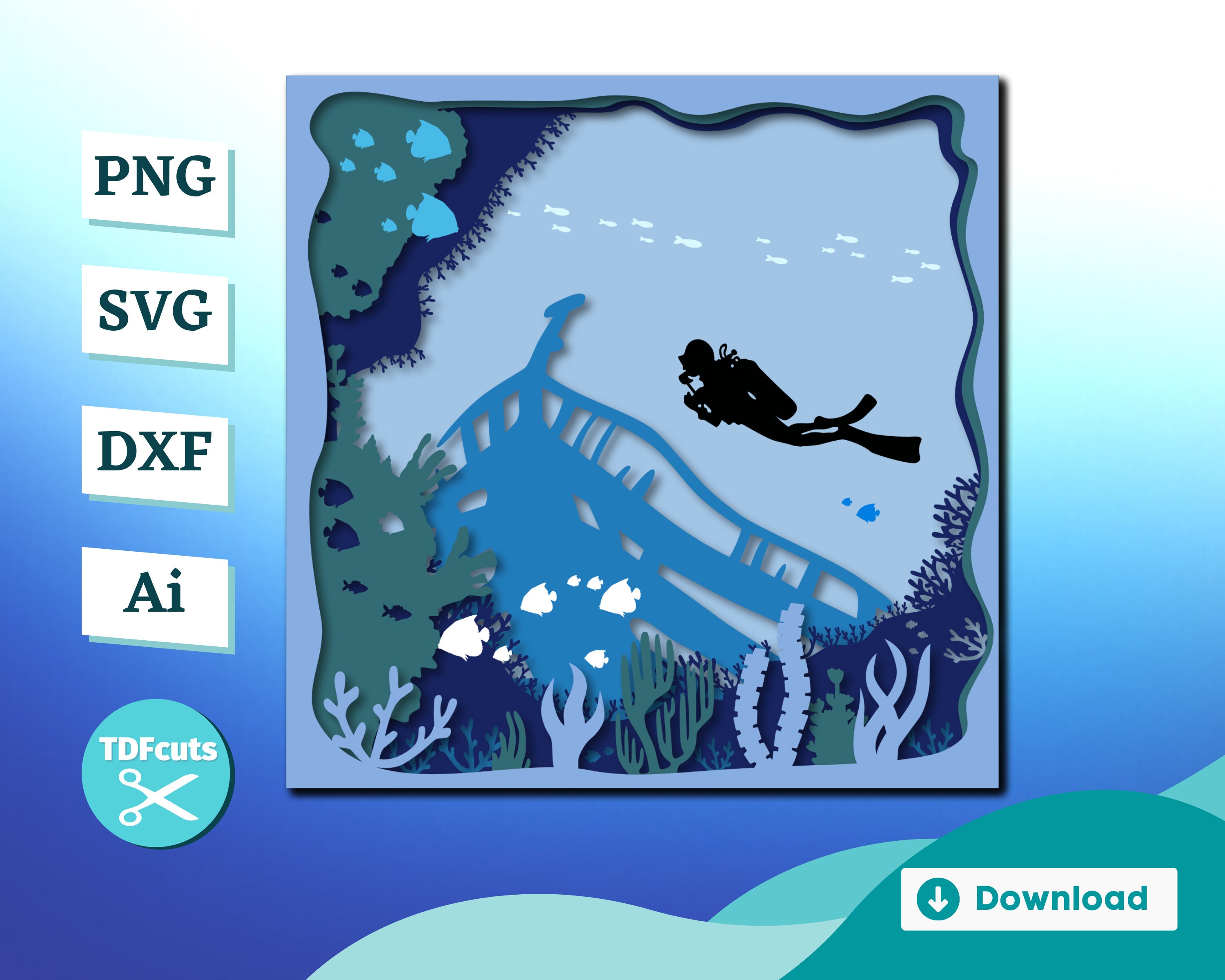 Scuba Diving Ocean Scene Template Cut File in PNG, SVG, DXF, Ai ...