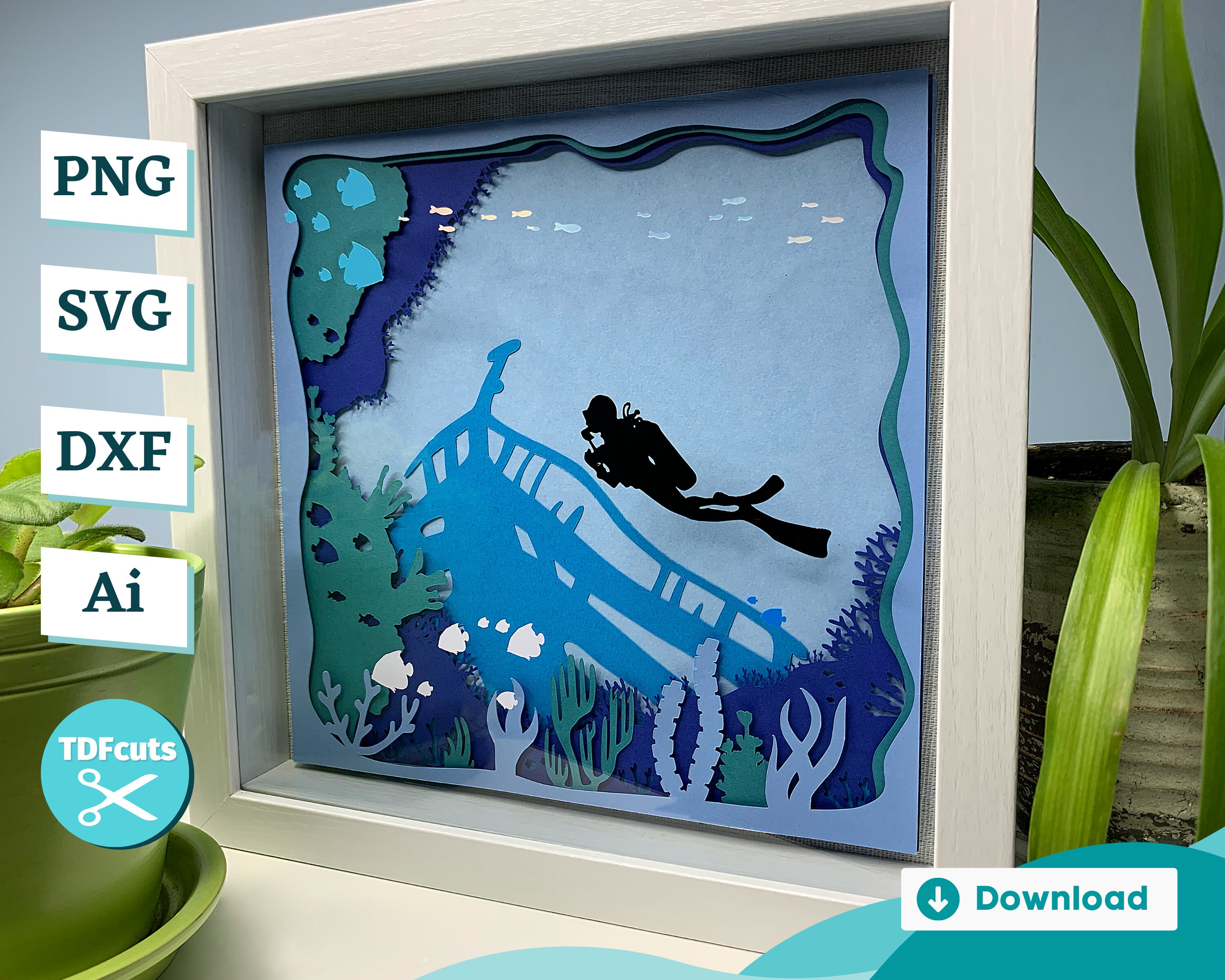 Scuba Diving Ocean Scene Template Cut File in PNG, SVG, DXF, Ai ...