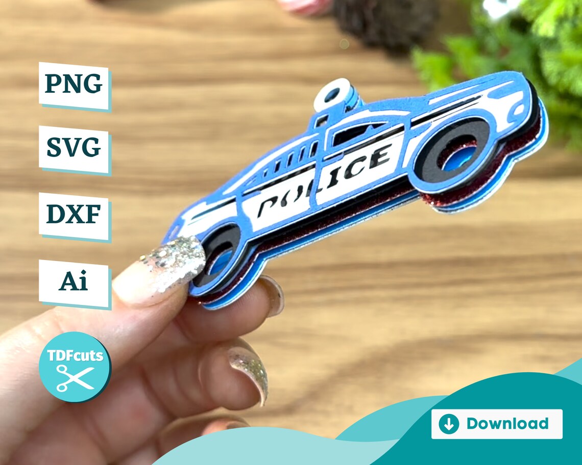 Police Car Ornament Cut File in PNG, SVG, DXF, Ai, Layered Paper ...
