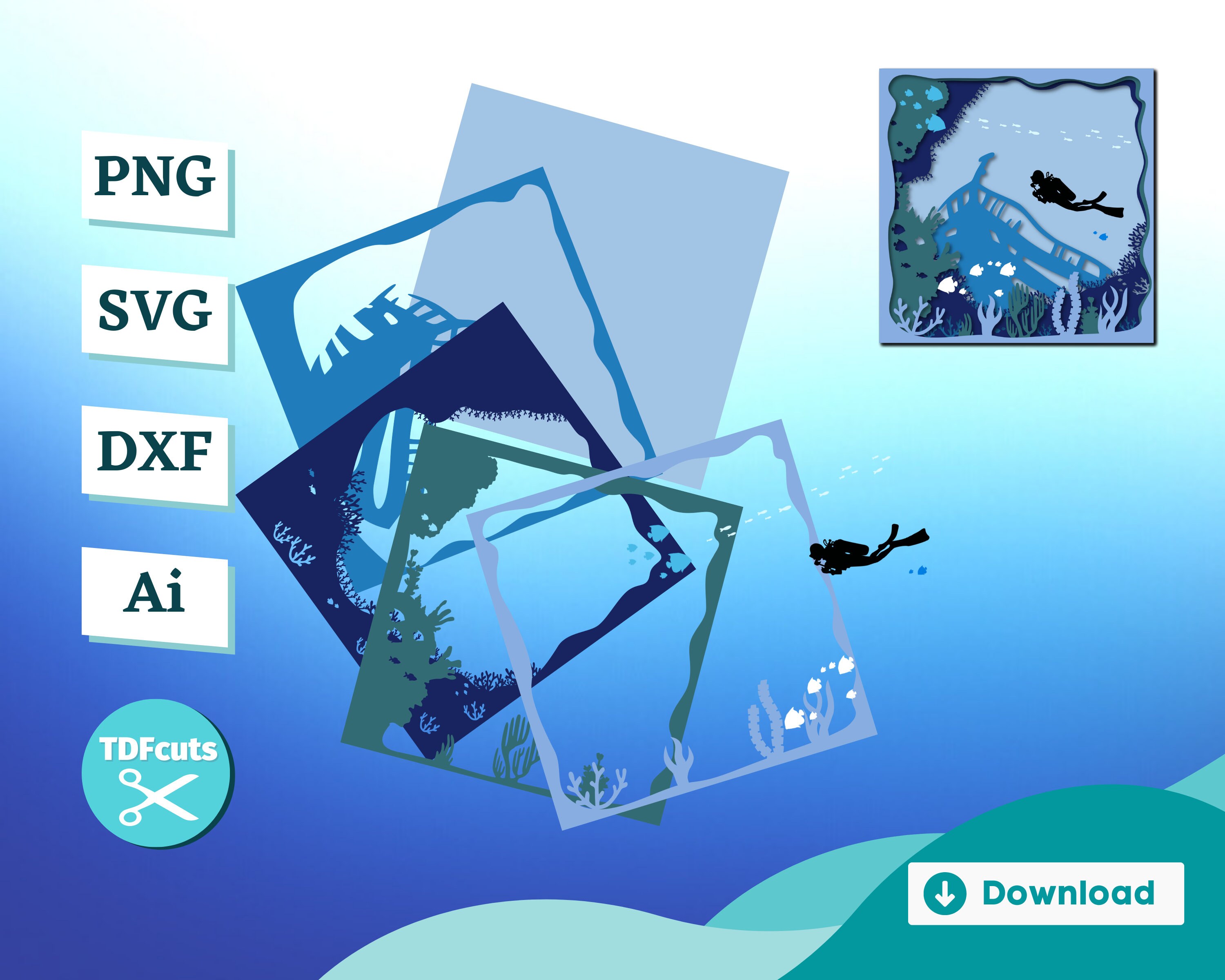 Scuba Diving Ocean Scene Template Cut File in PNG, SVG, DXF, Ai ...