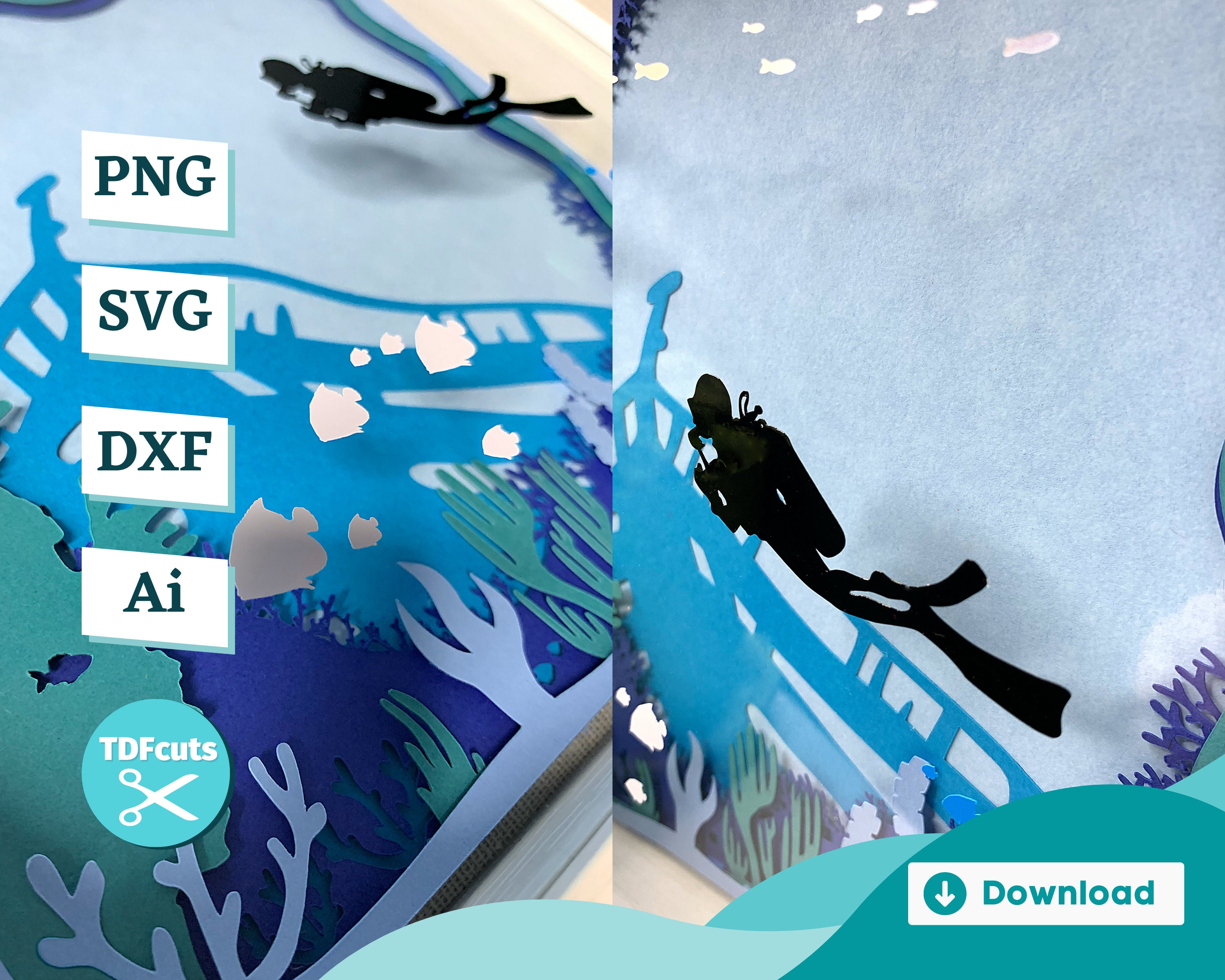 Scuba Diving Ocean Scene Template Cut File in PNG, SVG, DXF, Ai ...
