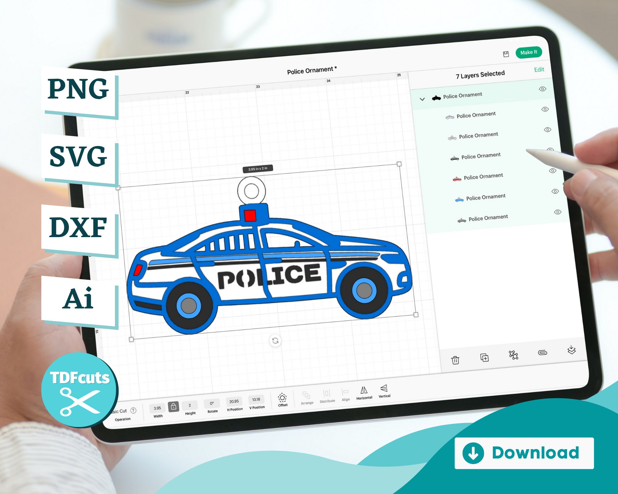 Police Car Ornament Cut File in PNG, SVG, DXF, Ai, Layered Paper ...