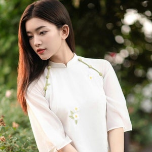 Mini Floral Embroidered Ao Dai Set Green-white Vietnamese Modernized Ao ...