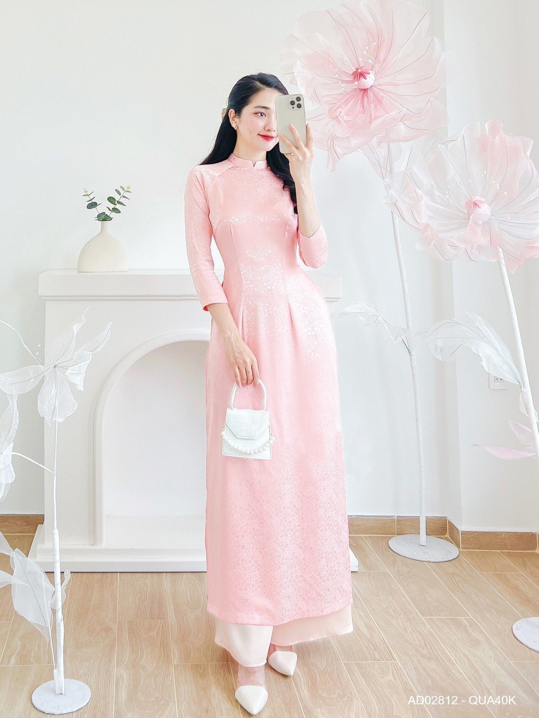 Light Pink Gam Silk Vietnamese Ao Dai Pre-made Viet Dress Ao Dai Ao Dai ...