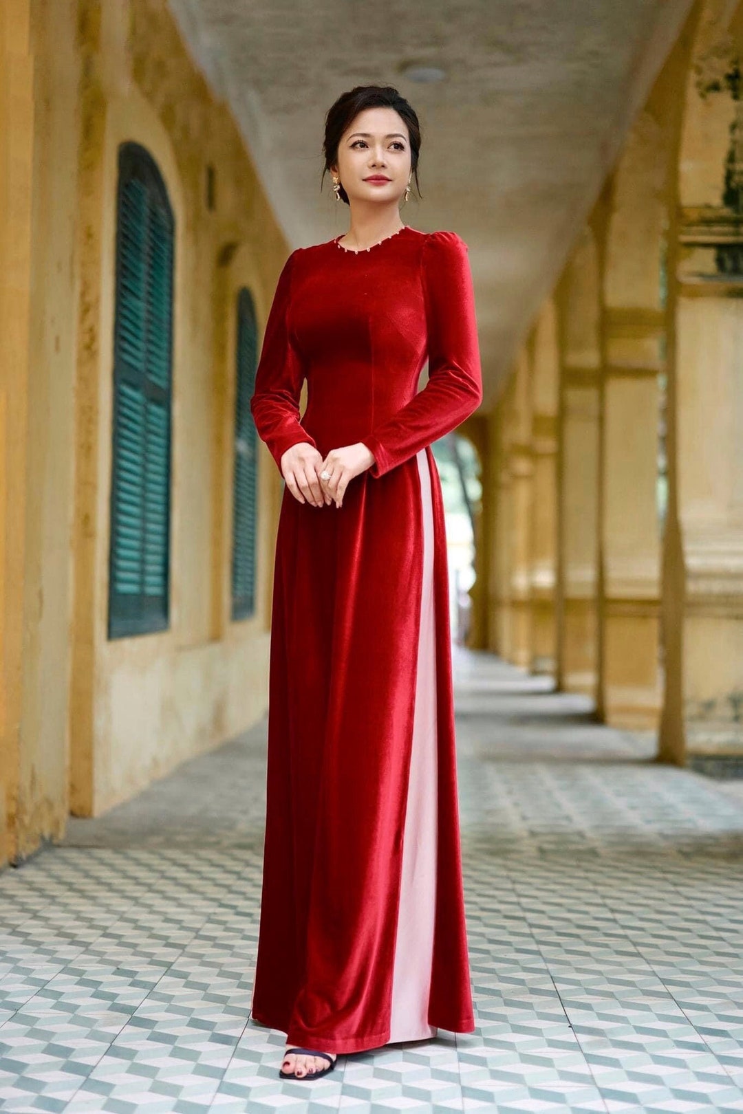 Wine Red Velvet Ao Dai | Traditional Vietnamese Dress With Pants - Etsy