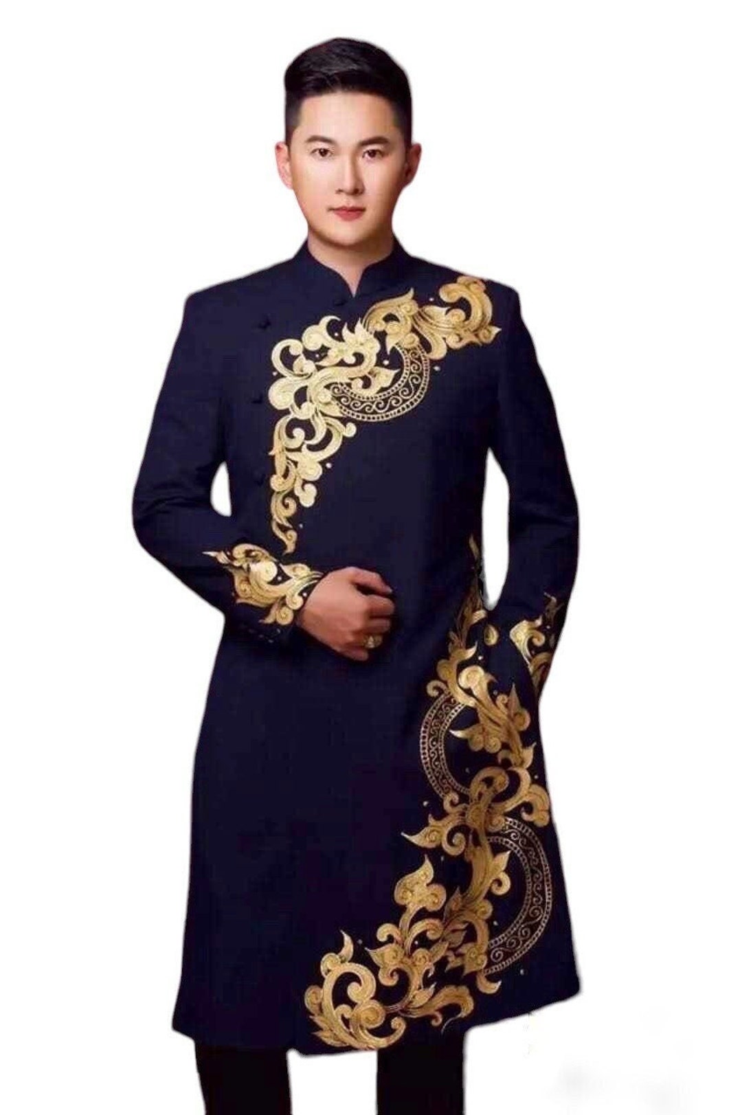 Navy Blue Hand Paint Ao Dai Men | Navy Blue Men Dress | Traditional Ao ...