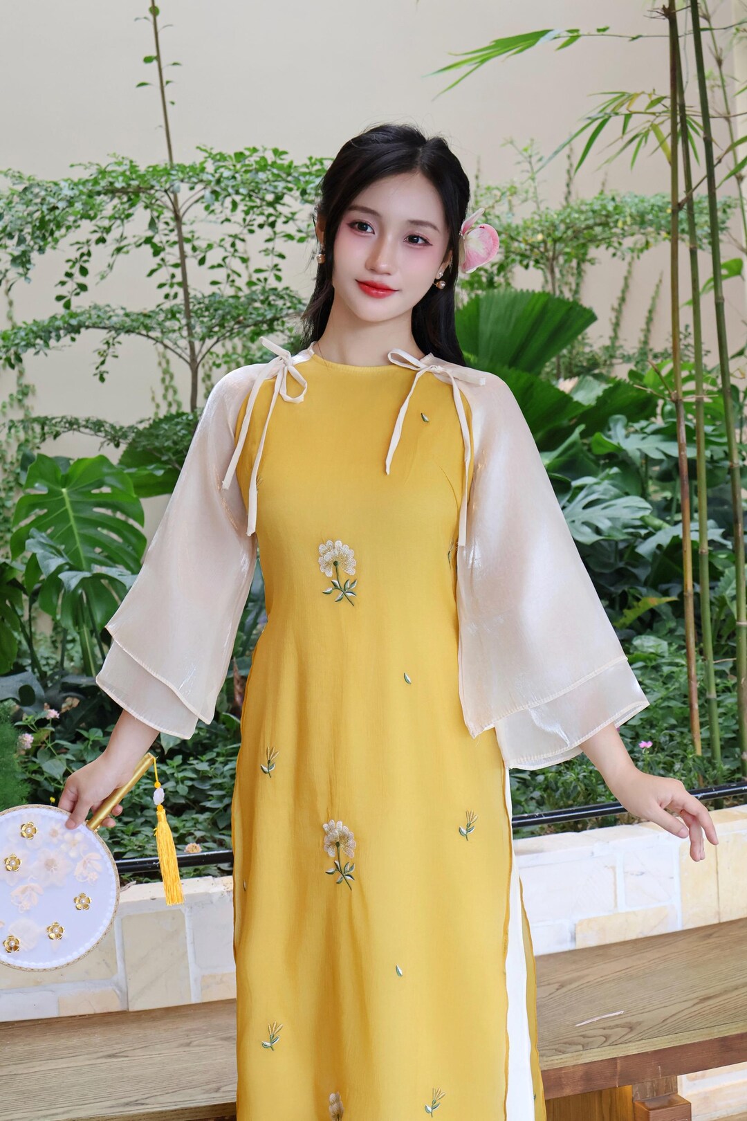 Yellow Floral Mini Ao Dai Top: Vietnamese Modern Long Dress - Etsy