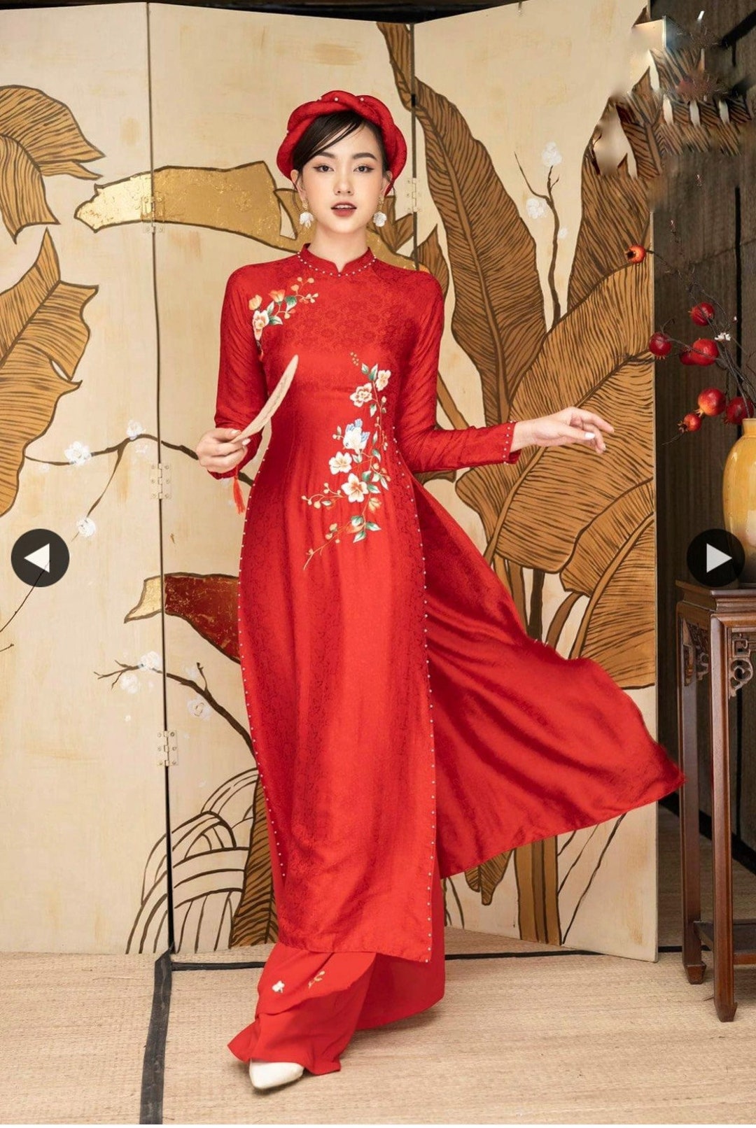 Luxury Red Ao Dai for Vietnamese Bride – Brocade Wedding Dress With Floral Embroidery ...