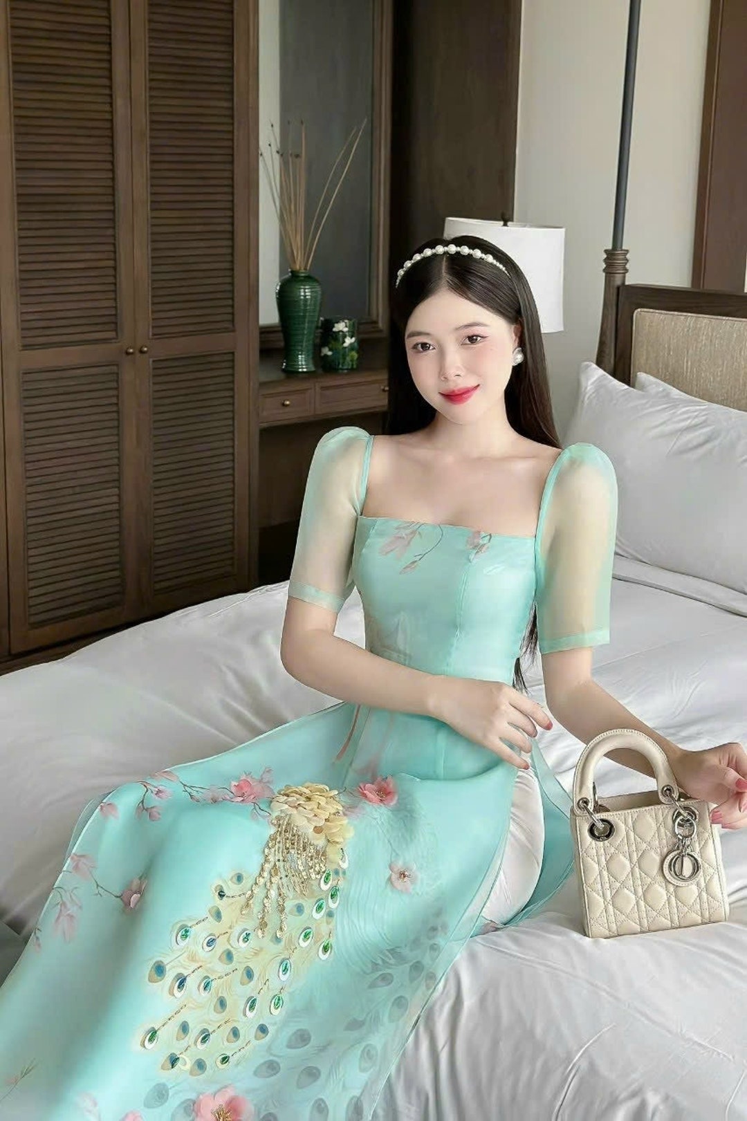 Sparkle Peacock Modernized Ao Dai No Pants Pre-made Vietnamese Ao Dai ...