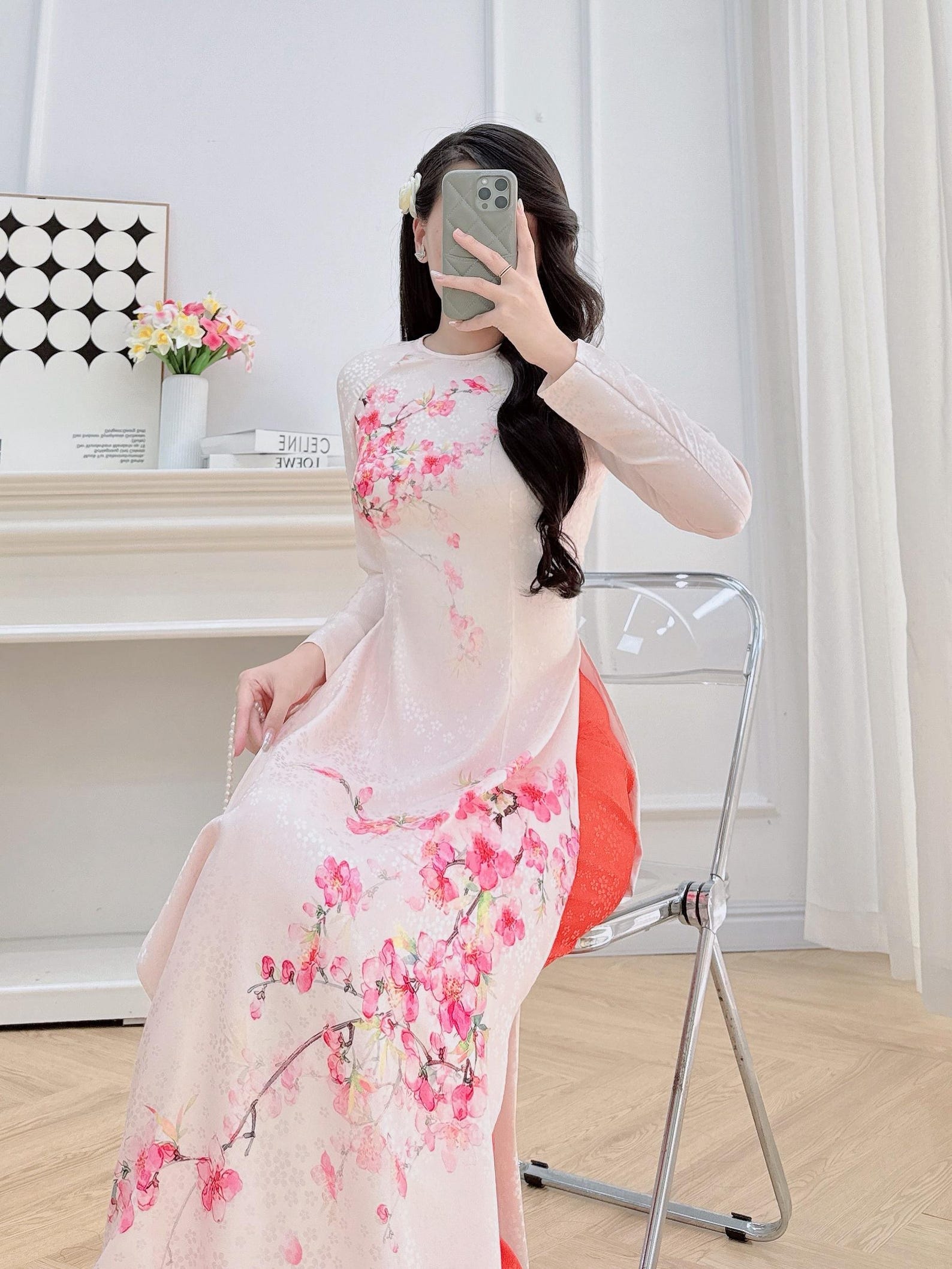 Sakura Blossom Ao Dai Brocade : Vietnamese Traditional Long Dress ...