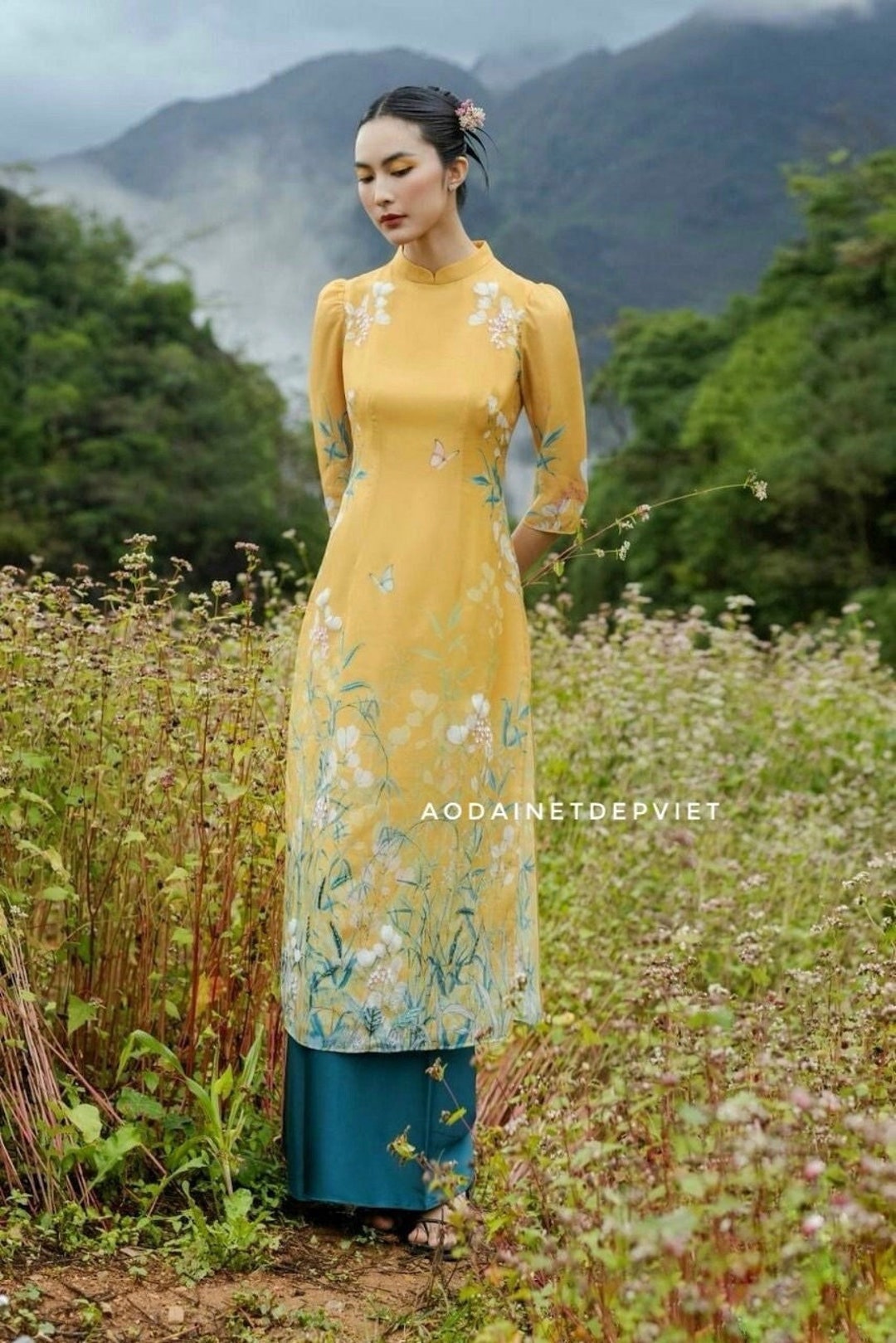 Yellow Garden Floral Ao Dai Set Pre-made Vietnamese Modernized Ao Dai ...