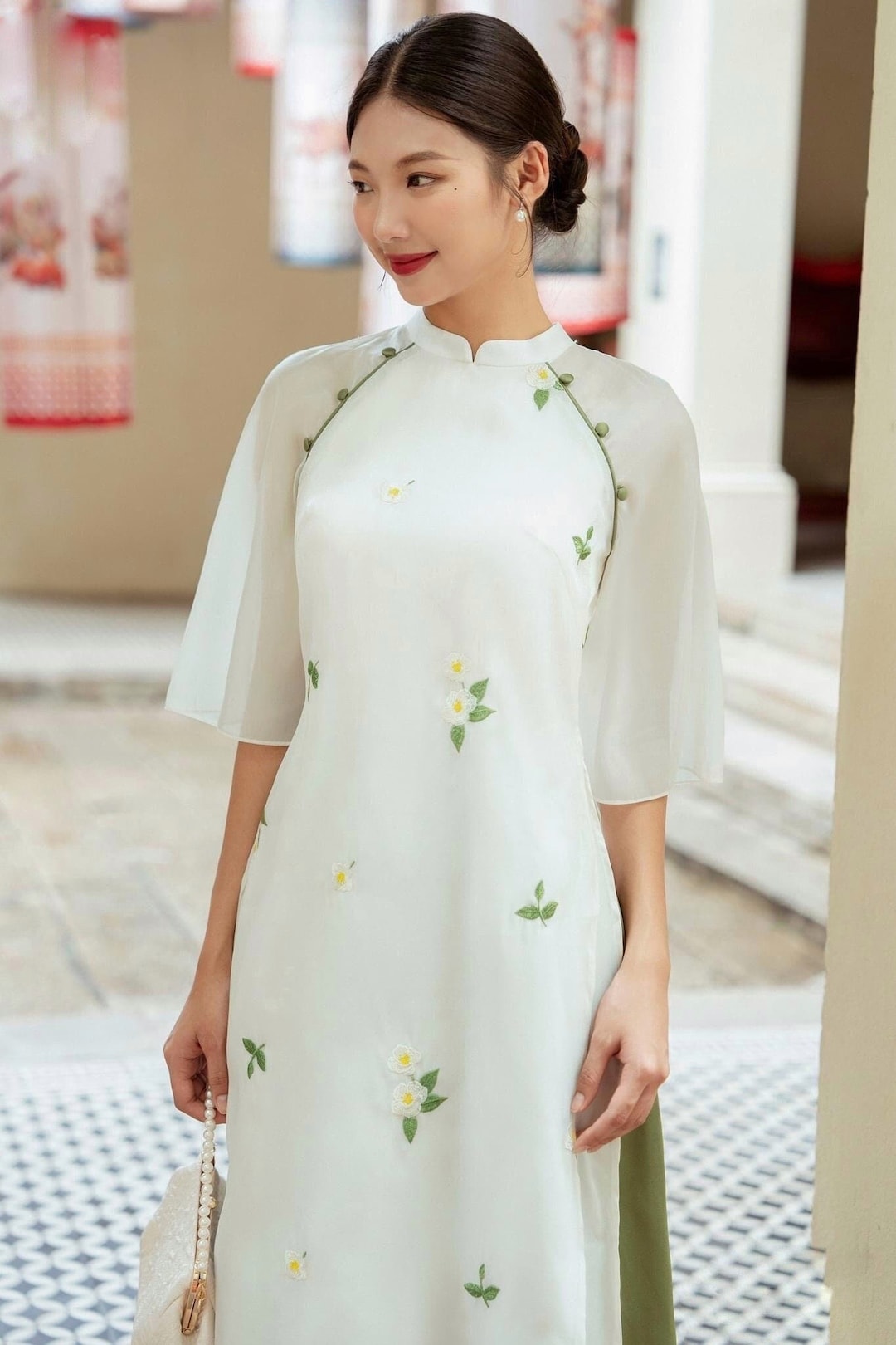 Mini Floral Embroidered Ao Dai Set Green-white Vietnamese Modernized Ao ...