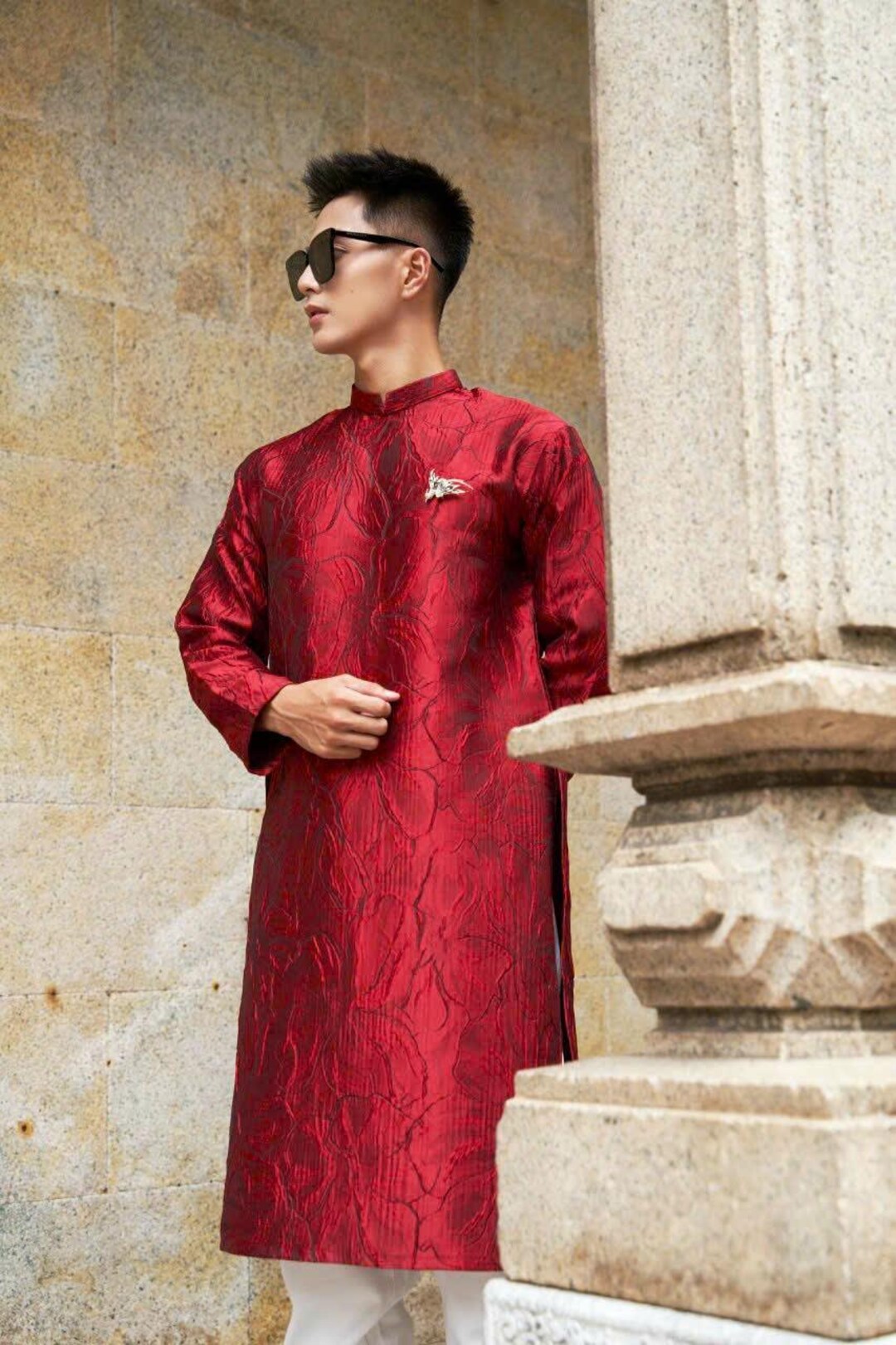 Red Gam Modern Ao Dai Men Vietnamese Ao Dai for Men Ao Dai for Men ...