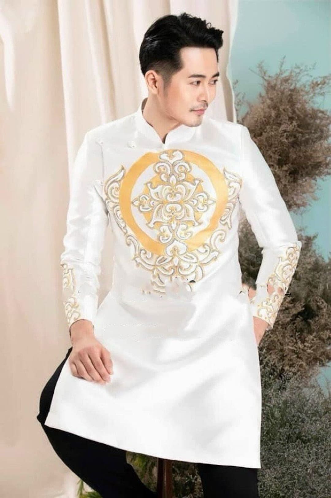 White Embroidery Ao Dai for Men Ao Dai Vietnamese Vietnamese Long Dress ...