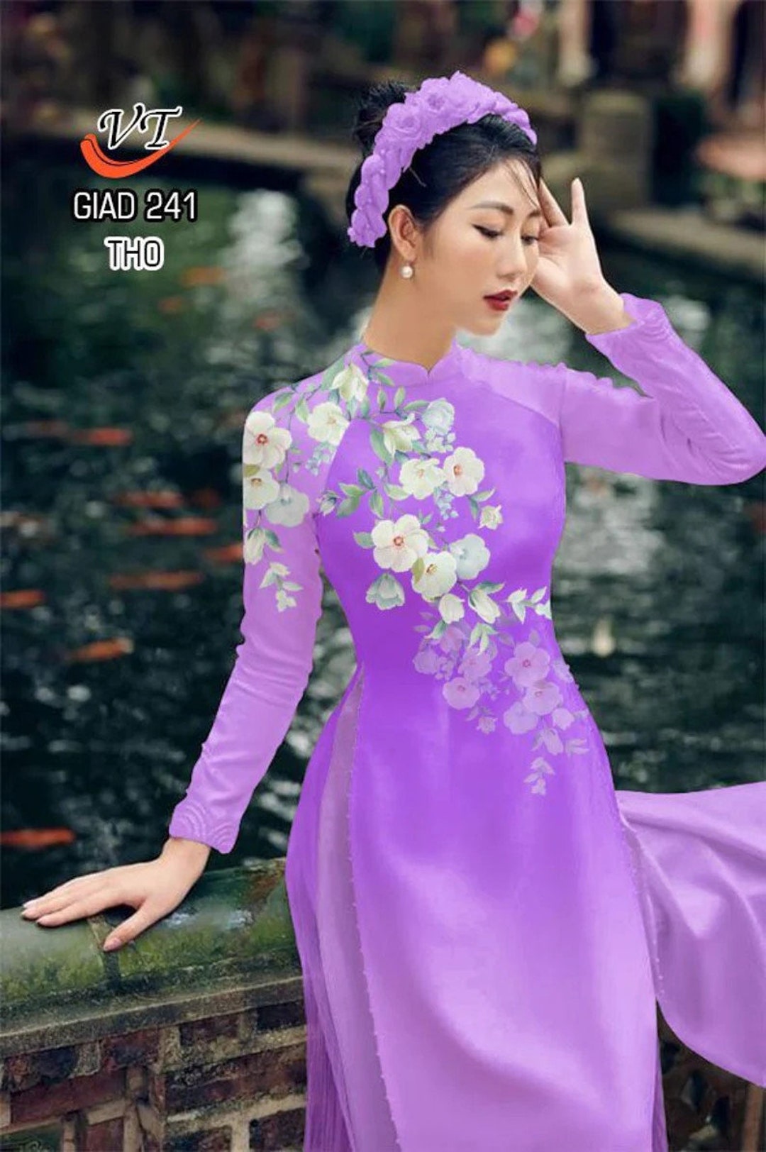 3D Dao Flower Printed Ao Dai Silk Pre-made Vietnamese Traditional Ao ...