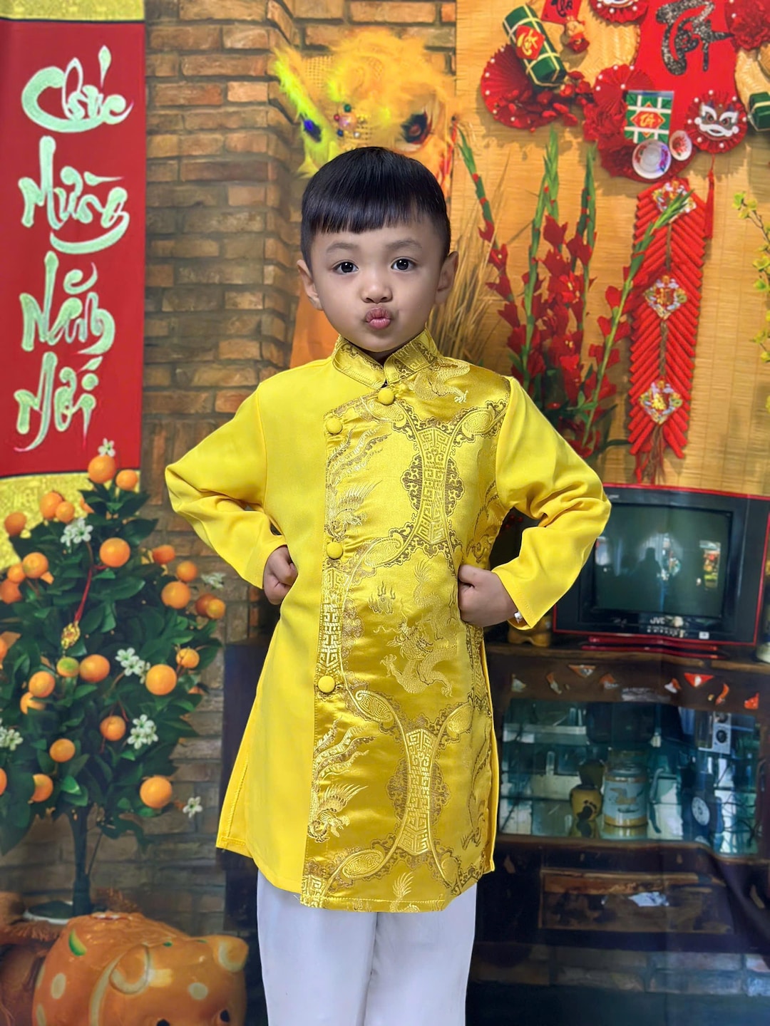 Yellow Gấm Boys Ao Dai Vietnam | Vietnamese Traditional Ao Dai for Boy ...