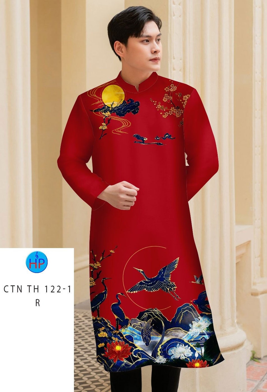 Red Printed Modernized Ao Dai for Men Men Dress Ao Dai Nam Vietnamese ...