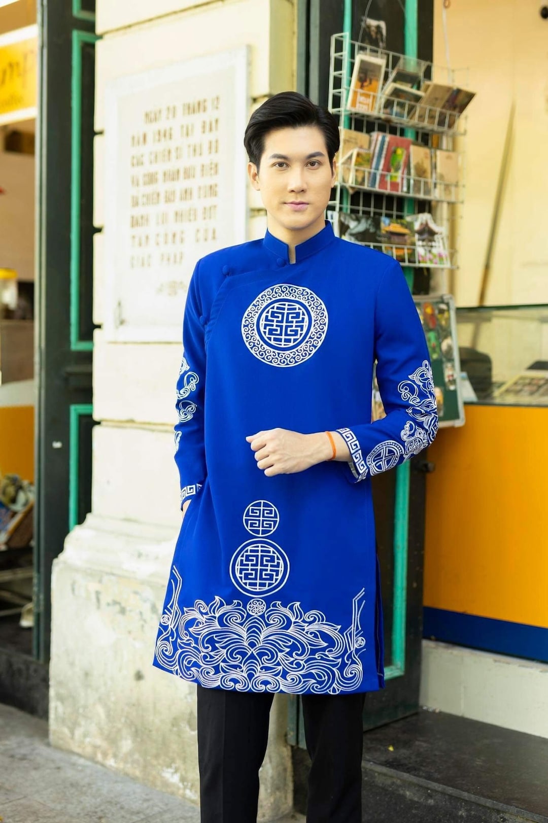 Blue Embroidered Ao Dai for Men Hand-made Embroidered Ao Dai for Man Ao ...