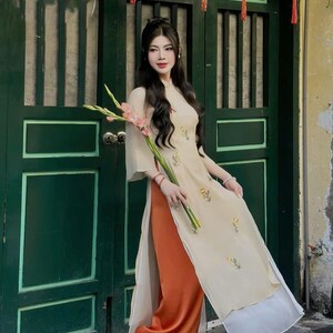 Mini Floral Beige Tie Bow Ao Dai NO PANTS Vietnamese Modernized Ao Dai ...
