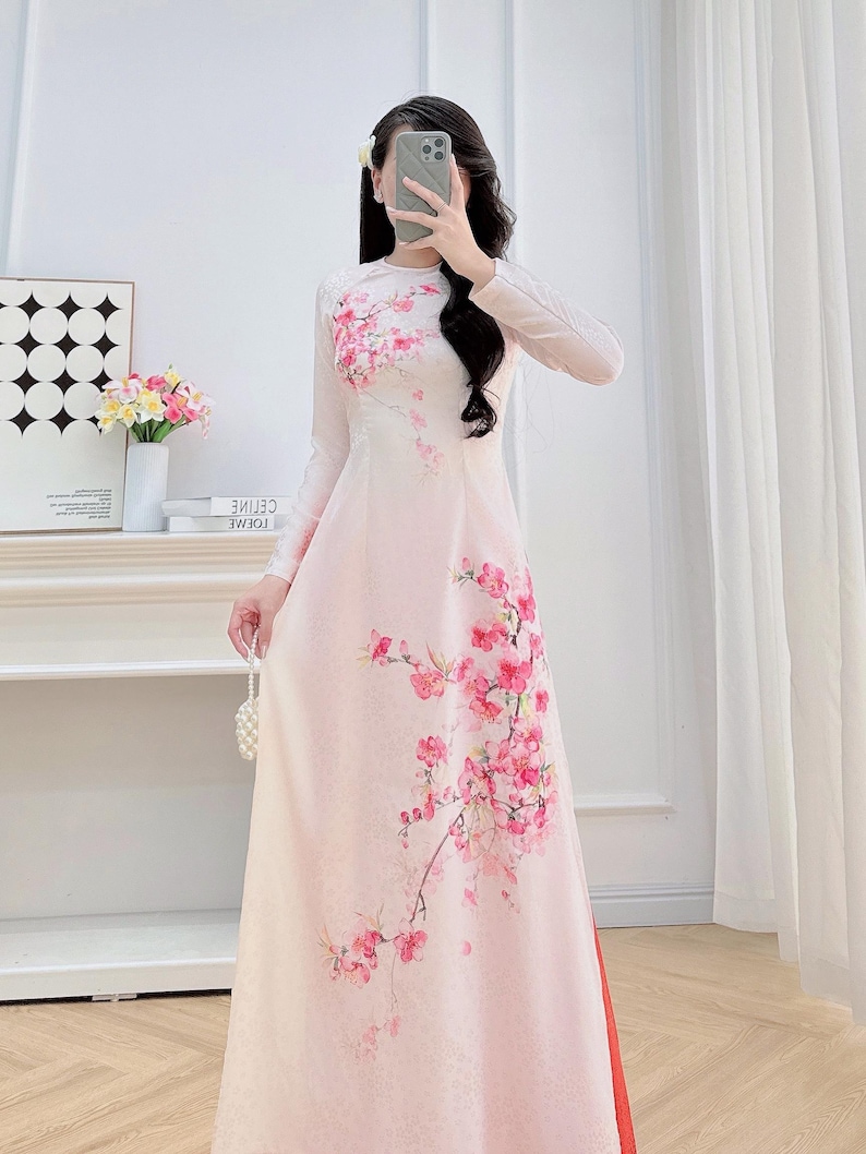 Sakura Blossom Ao Dai Brocade : Vietnamese Traditional Long Dress ...
