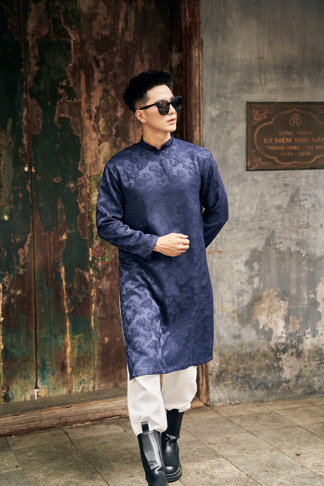 Navy Blue Leaf Men Modernized Ao Dai | Men Dress | Ao Dai Nam ...