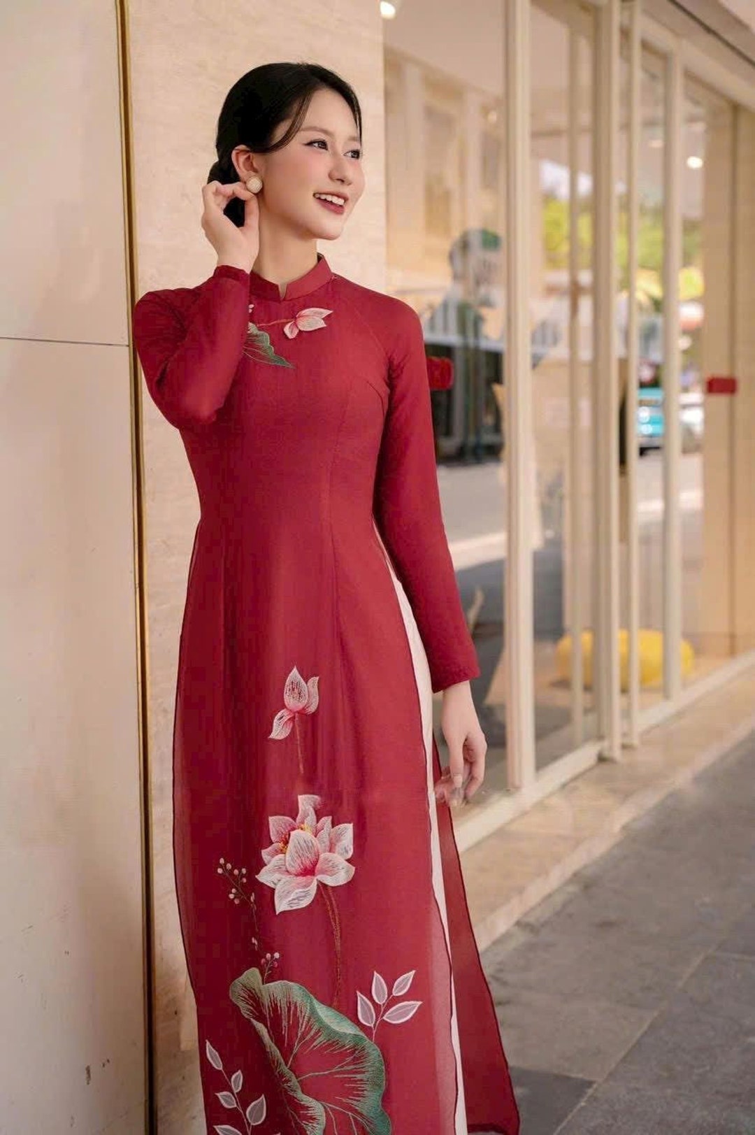 Red Floral Embroidered Silk Ao Dai Vietnamese Traditional Ao Dai Ao Dai ...
