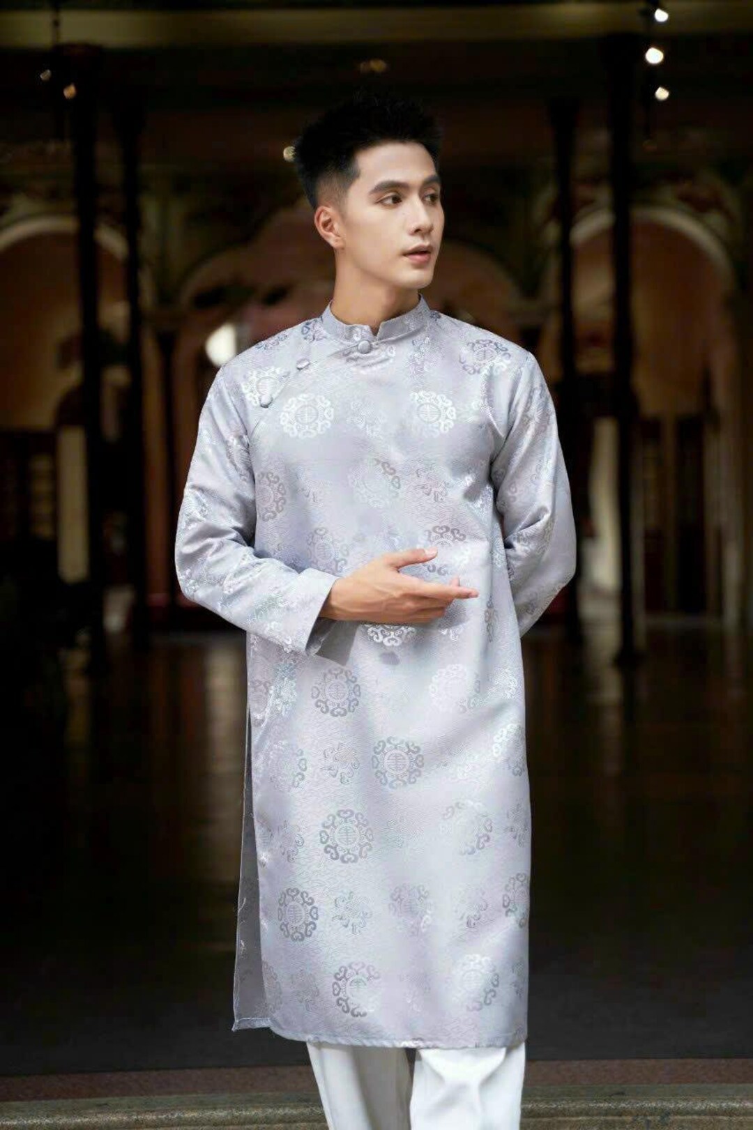 Silver Men Ao Dai Vietnamese Modernized Ao Dai for Man Vintage Ao Dai ...